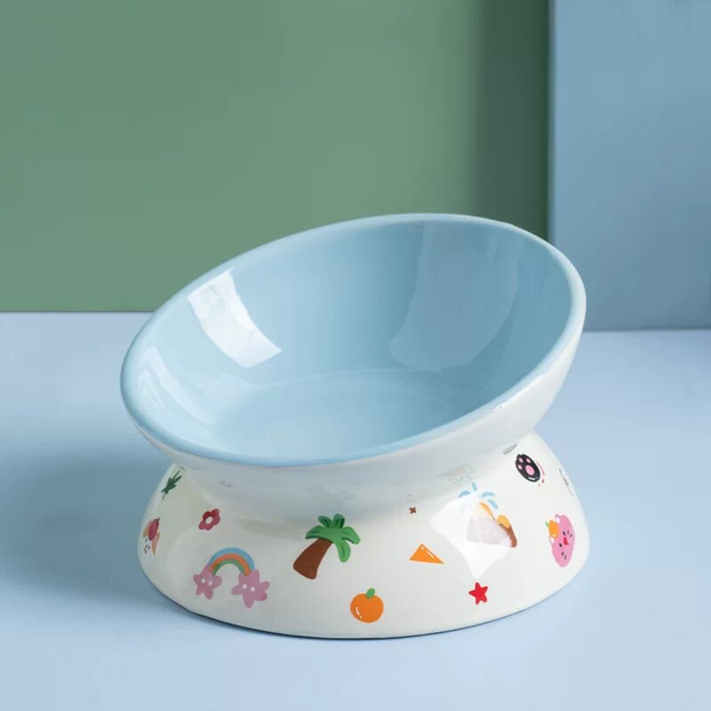 Керамическая миска Black Cat Series синего цвета со скосом для кошек и собак, прочная и стильная, идеально подходит для