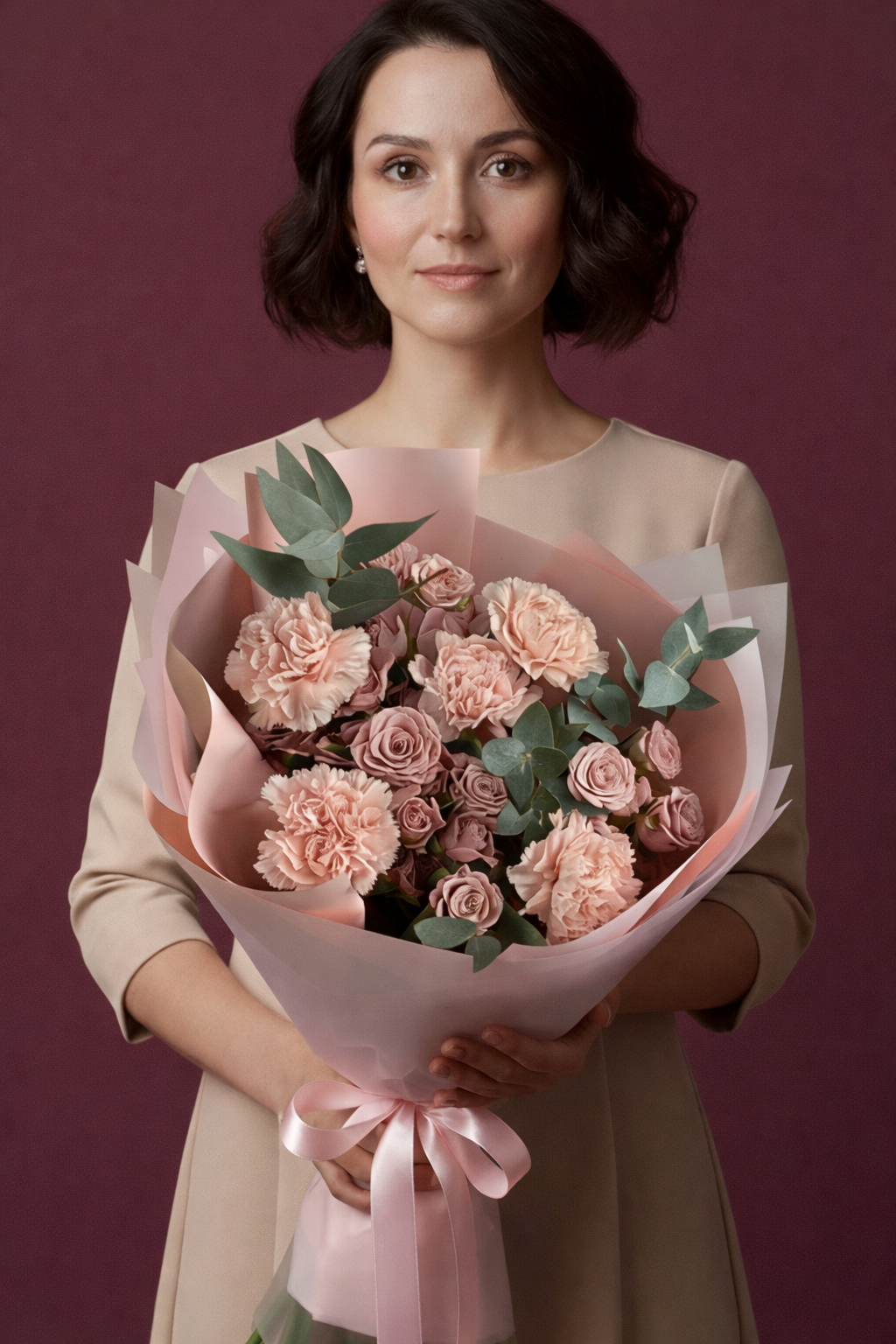 Сборный букет " Дуо с кустовой розой" и диантусами розовый, бежевый