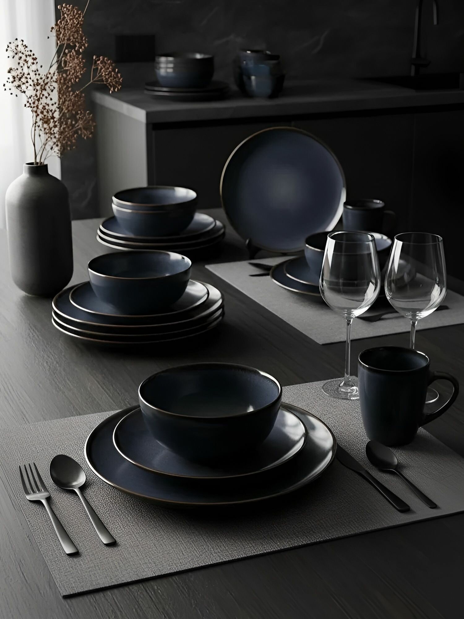 Набор Посуды. Современный Керамический Обеденный Столовый Сервиз Для 4 Персон Из 16 Предметов. Тарелки, Салатники, Кружки, Суповые Пиалы. Для Первых, Вторых Блюд, Салатов и Десертов.