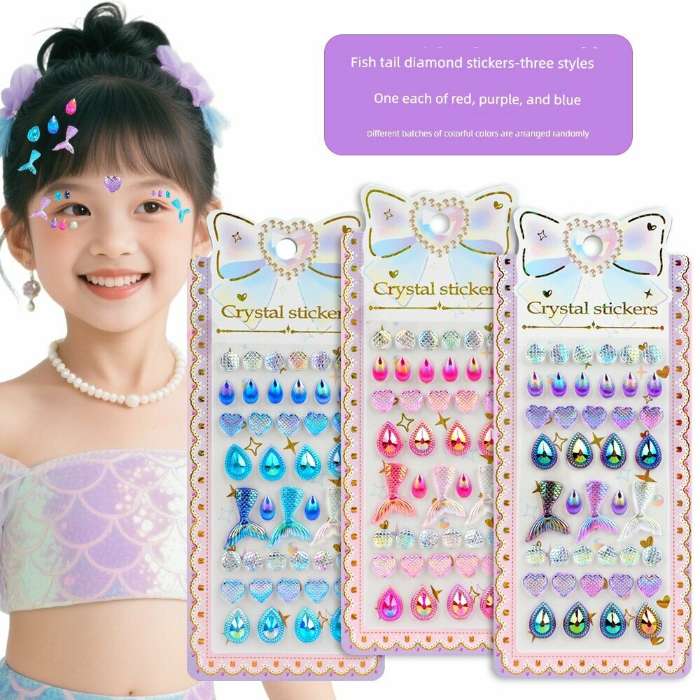 Детские стикеры-наклейки с алмазным блеском: хвост рыбы, сердце, кристалл, для рисования на лице девочек, украшение