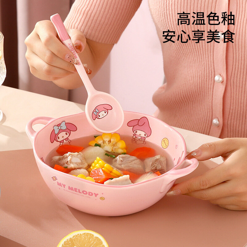Суповая миска Sanrio с двумя ушками, высококачественная посуда для дома, керамическая миска, большая миска для йогурта с мультяшным рисунком, миска для фруктового салата.