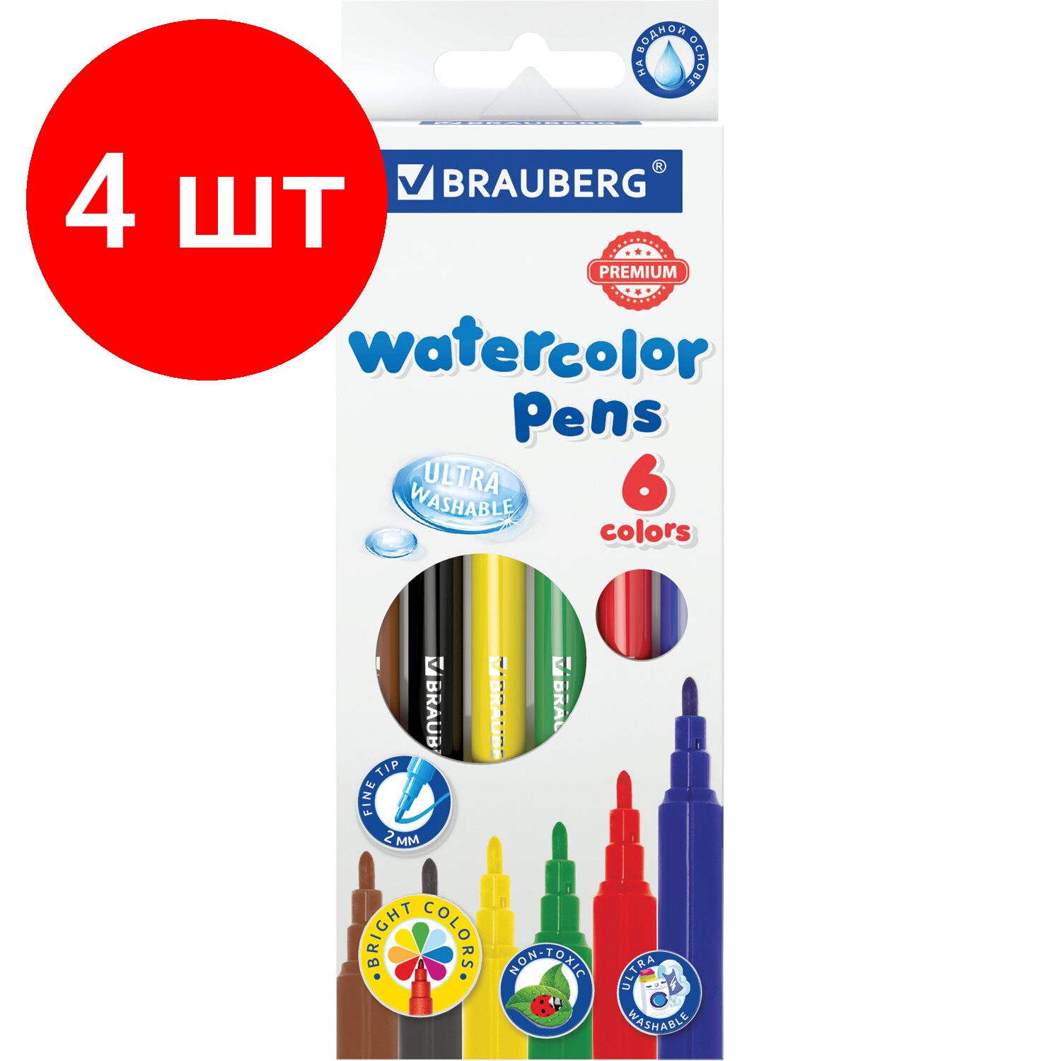 Комплект 4 шт, Фломастеры BRAUBERG "PREMIUM", 6 цветов, ультрасмываемые, классические, вентилируемый колпачок, картонная коробка с европодвесом, 151937