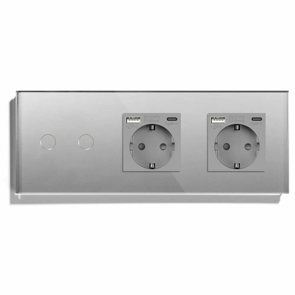Сенсорный выключатель с двумя розетками с USB и type-C ,2 клавиша 2 розетки, панель стекло Серая,228mm