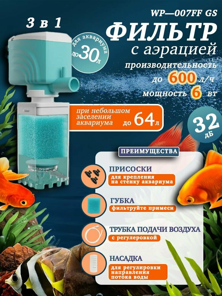 Внутренний фильтр JunShang для аквариума до 15 л, с аэрацией и регулируемым потоком, Светло-зеленый