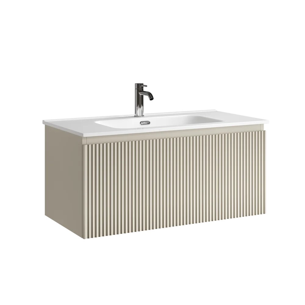 Тумба под раковину без столешницы Sancos Snob R 1.0 90 подвесная, бежевая, матовая, из МДФ, тумба для ванной, с ящиками
