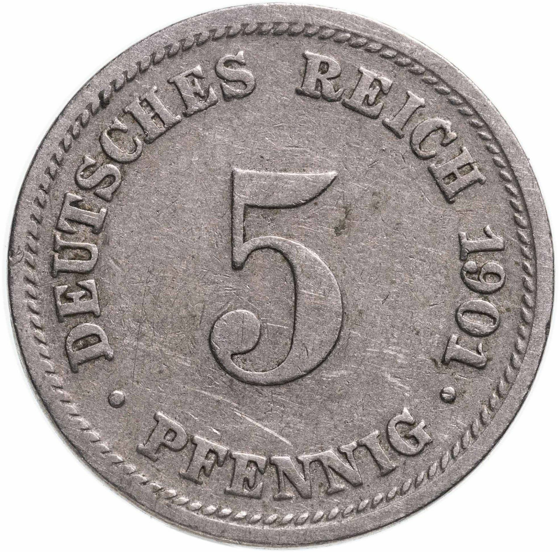 Германия 5 пфеннигов pfennig 1901, знак монетного двора: "D" - Мюнхен, Мельхиор медь-никель, в сохранности VF