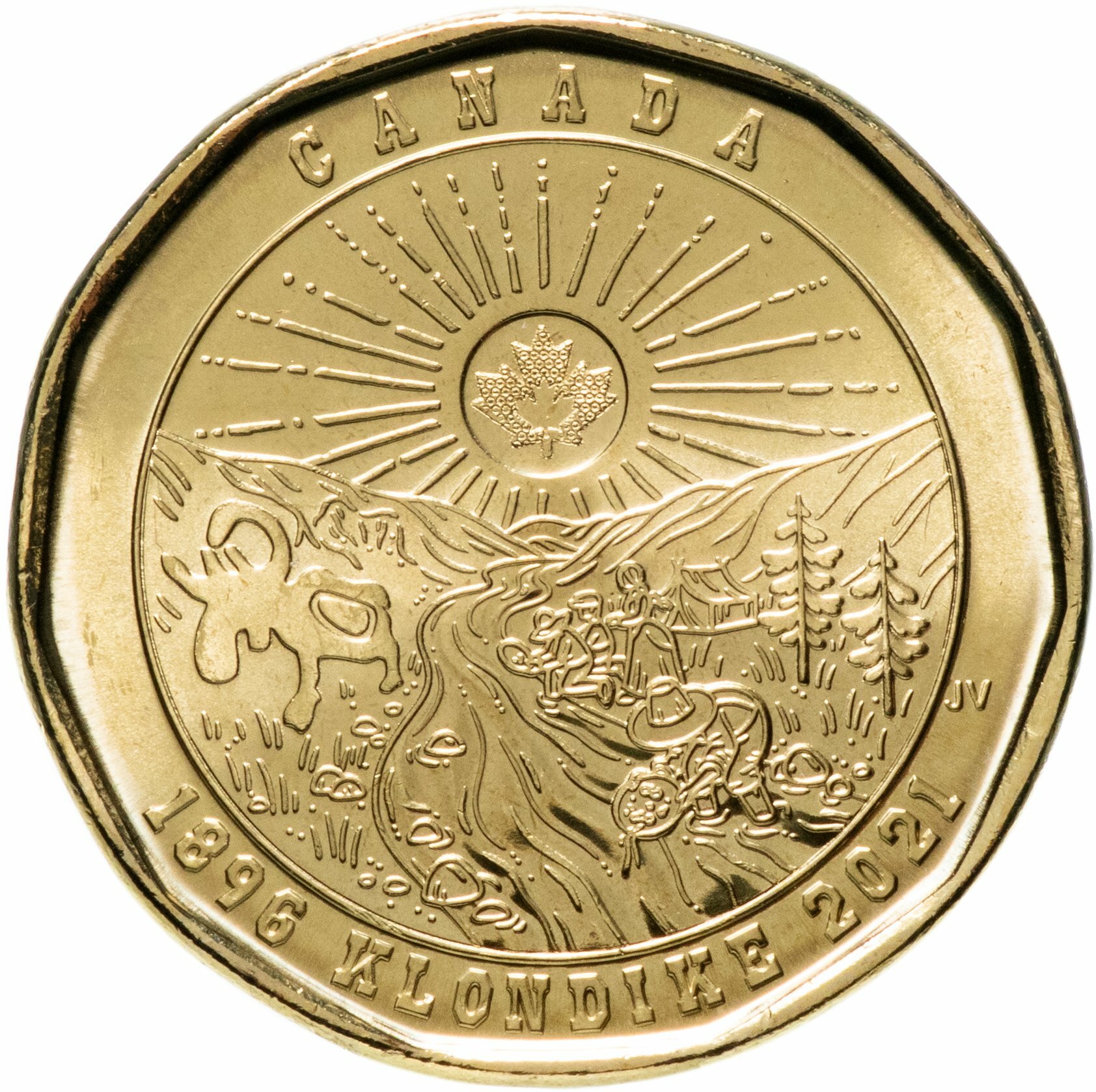 Канада 1 доллар 2021 125 лет Клондайкской золотой лихорадке, Сталь с латунным покрытием, в сохранности AU-UNC