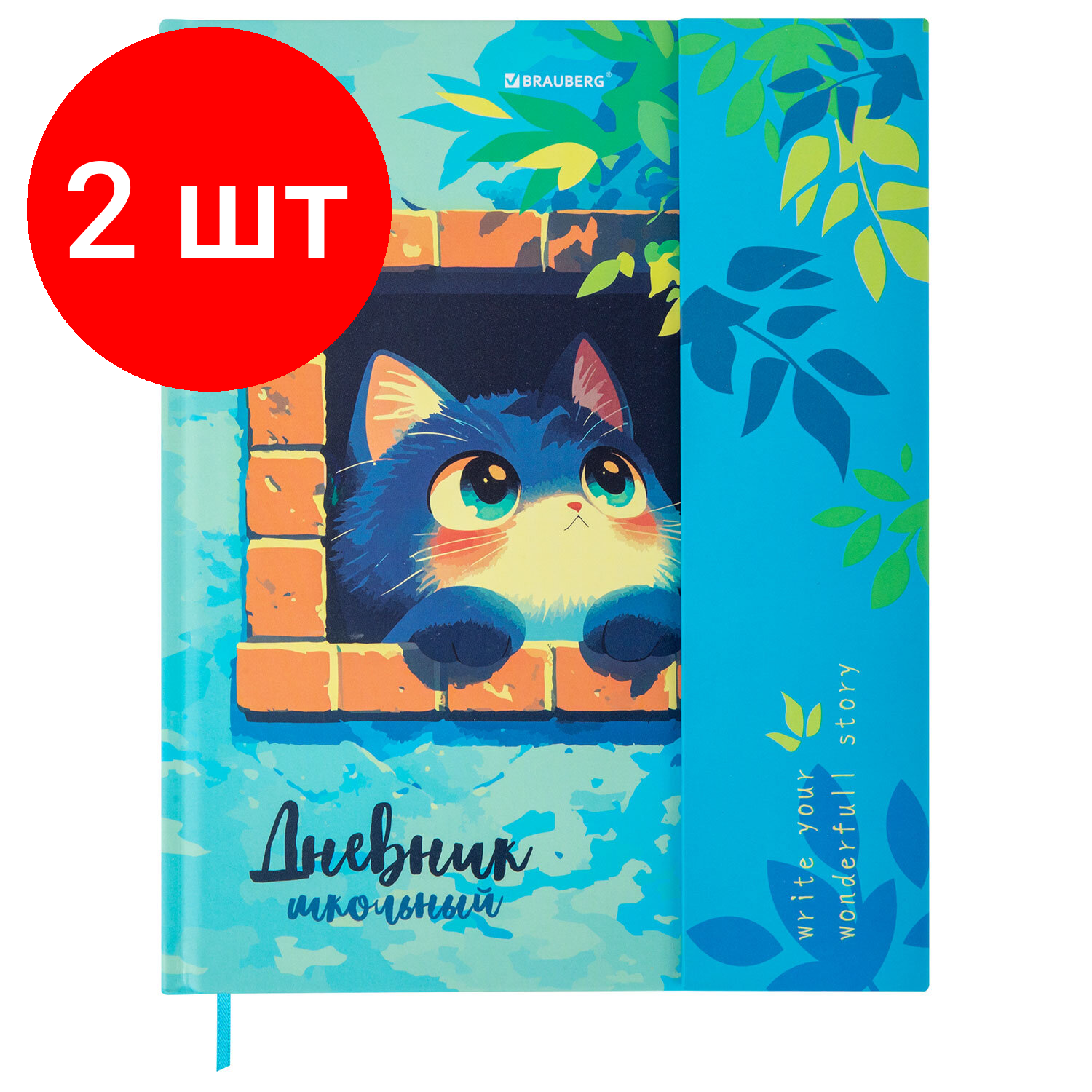 Комплект 2 шт, Дневник 1-11 класс 48л, твердый, BRAUBERG, матовая ламинация, магнитный клапан, закладка-ляссе, с подсказом, Котик, 107244