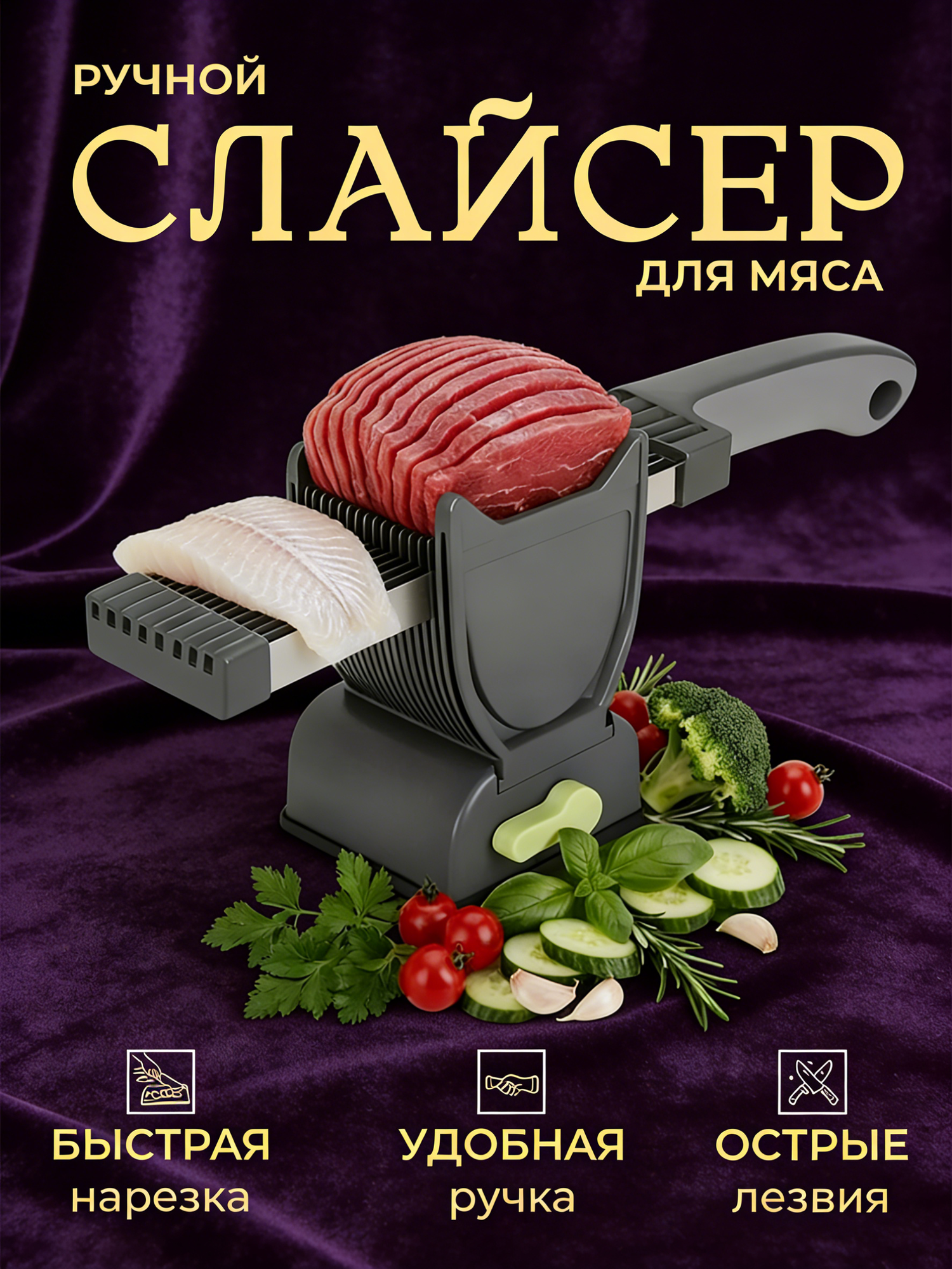 Слайсер, используемый для нарезки мяса на ломтики, которые можно нарезать ломтиками, полосками и частицами