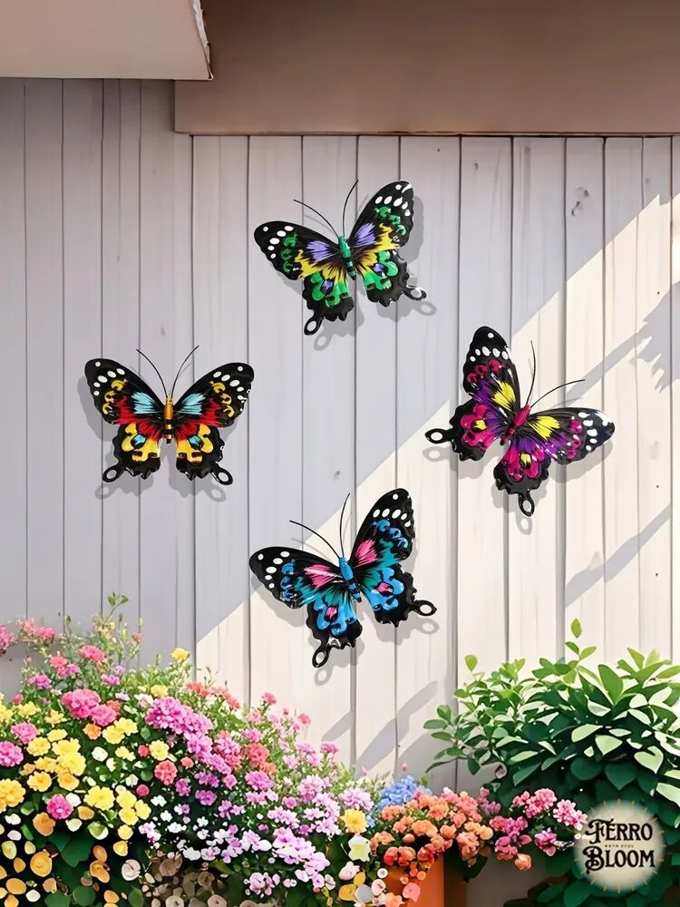 4шт. Металлические бабочки декоративные на стену для дачи, 3D Цветные бабочки для декора на стену для сада - подарок для садовода, украшение для забора, террасы, гостиной