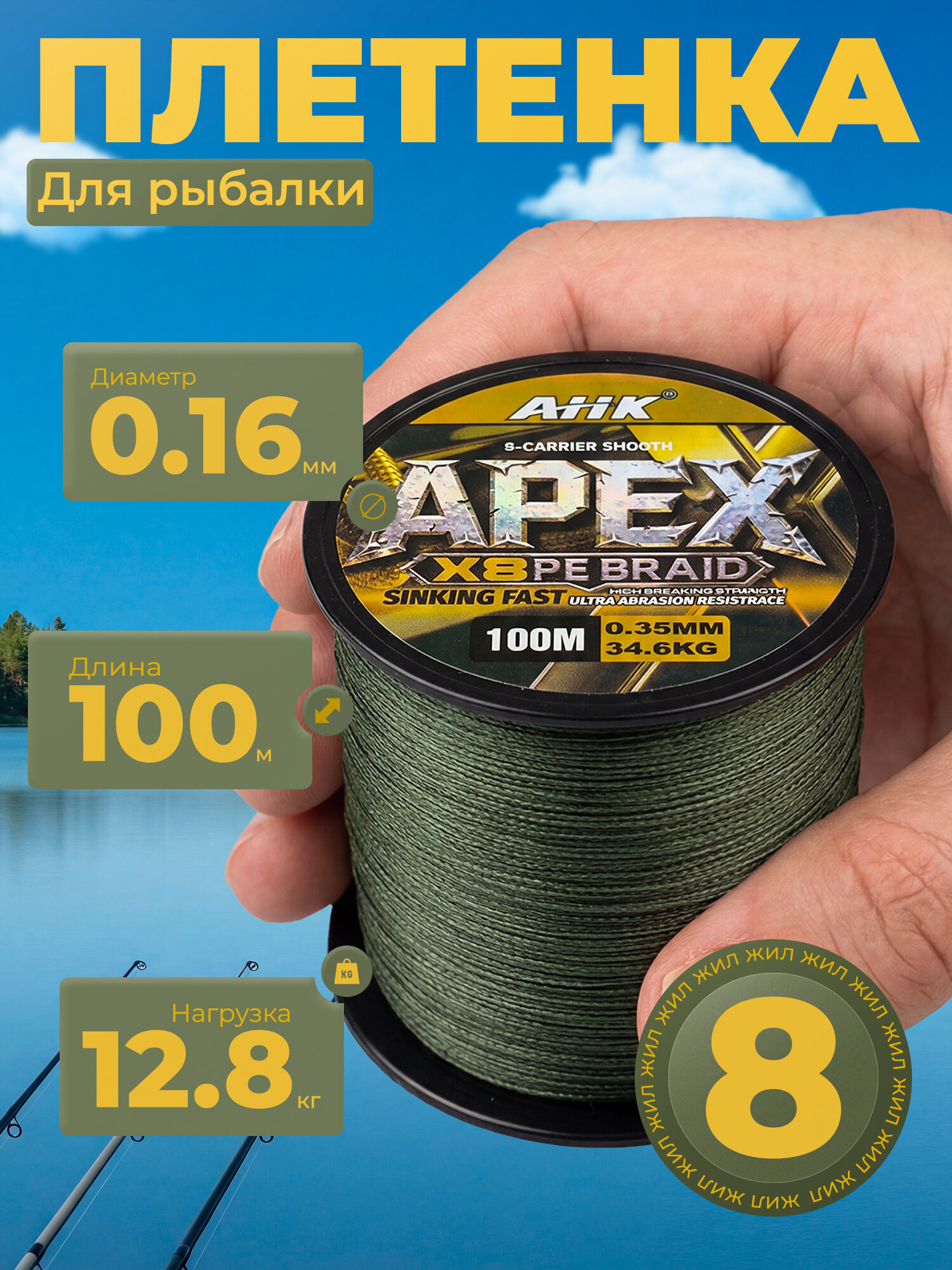 Шнур для рыбалки. Плетеный. Плетёнка для спиннинга. 8 жильная 0.16 мм разрывная нагрузка 12.8 кг.