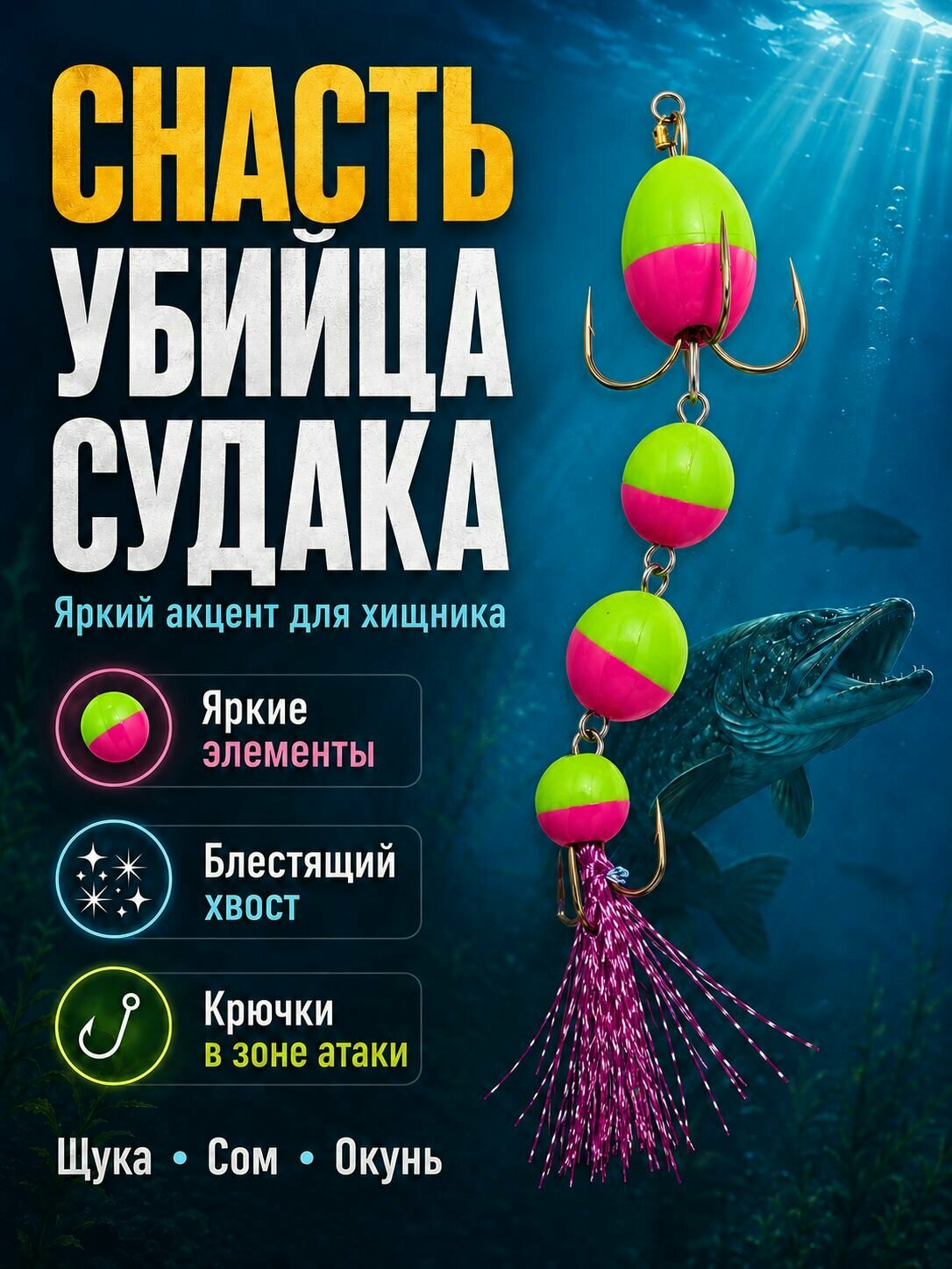 Приманка Убийца судака для рыбалки, снасть на хищную рыбу с яркими шариками и хвостом, розовый