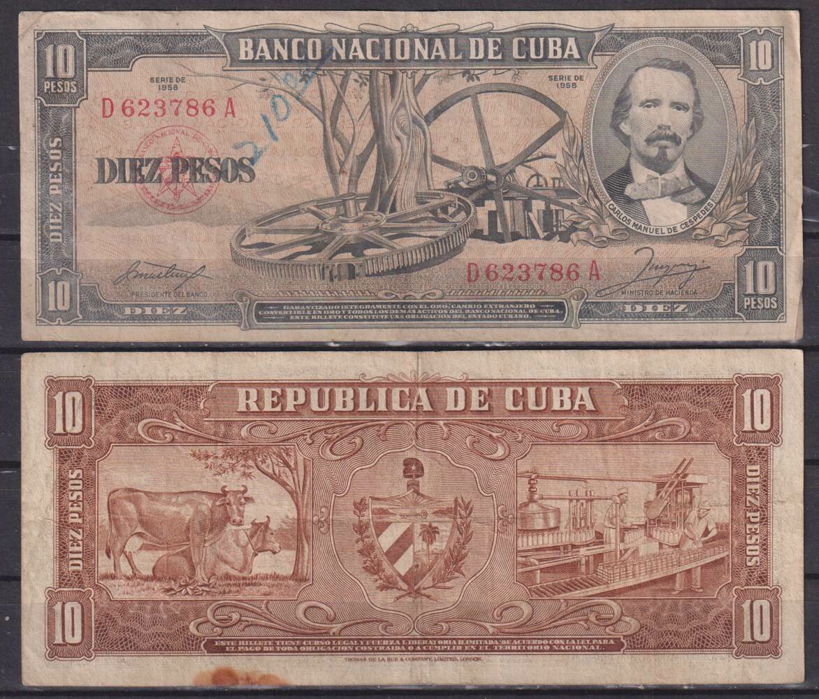 Купюра (бона) Куба 1958г. "DIEZ PESO" G
