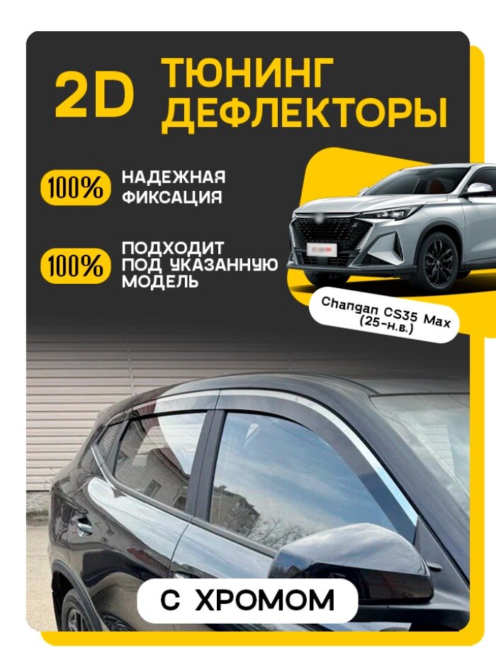 Плоские тюнинг дефлекторы с хромом для окон Changan CS35 MAX (2025-2026) Ветровики для Чанган ЦС35 макс. Комлпект 6 шт.