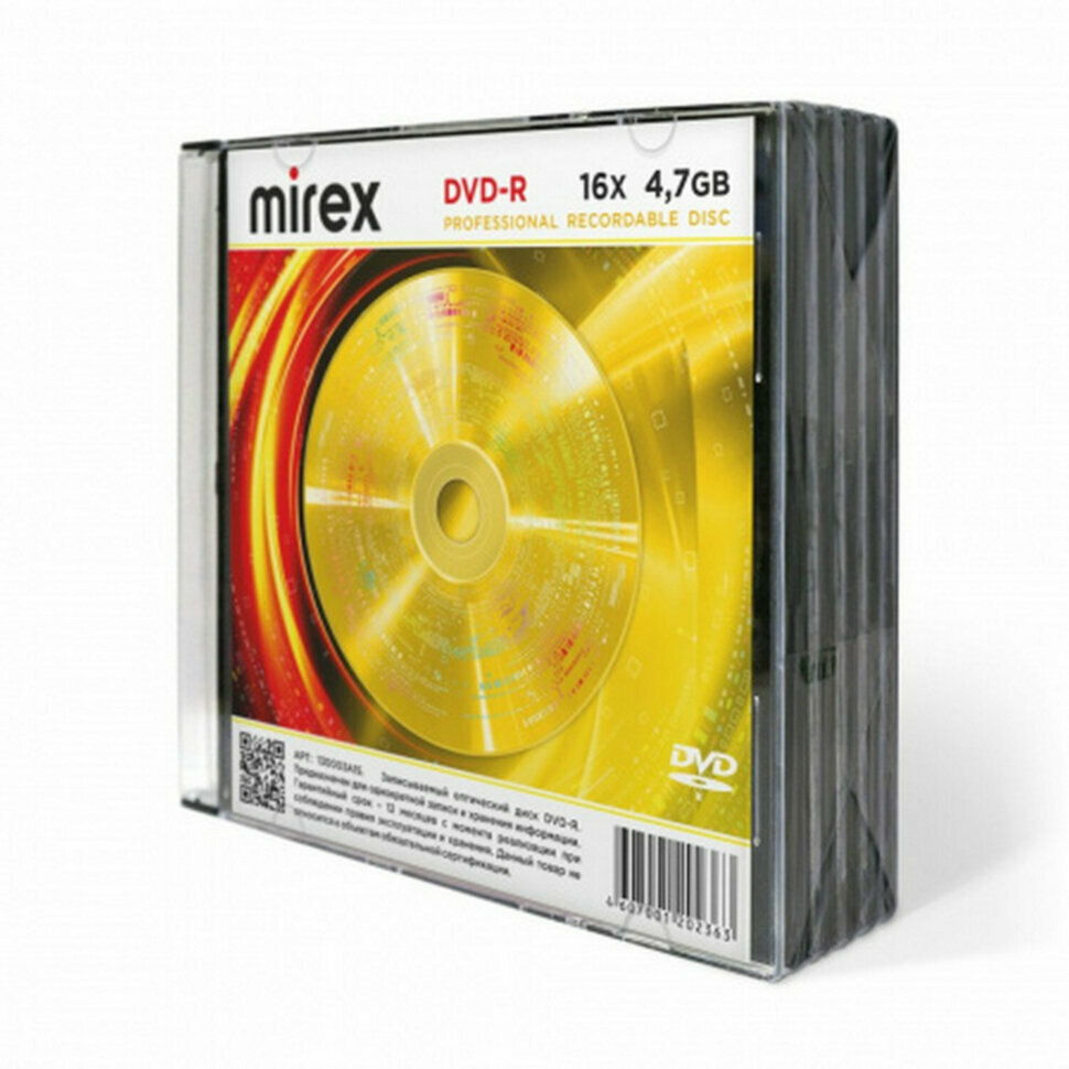 Диск DVD-R MIREX, 4,7 ГБ, 16x, Slim Case, комплект 5 шт, UL130003A1F, 514008