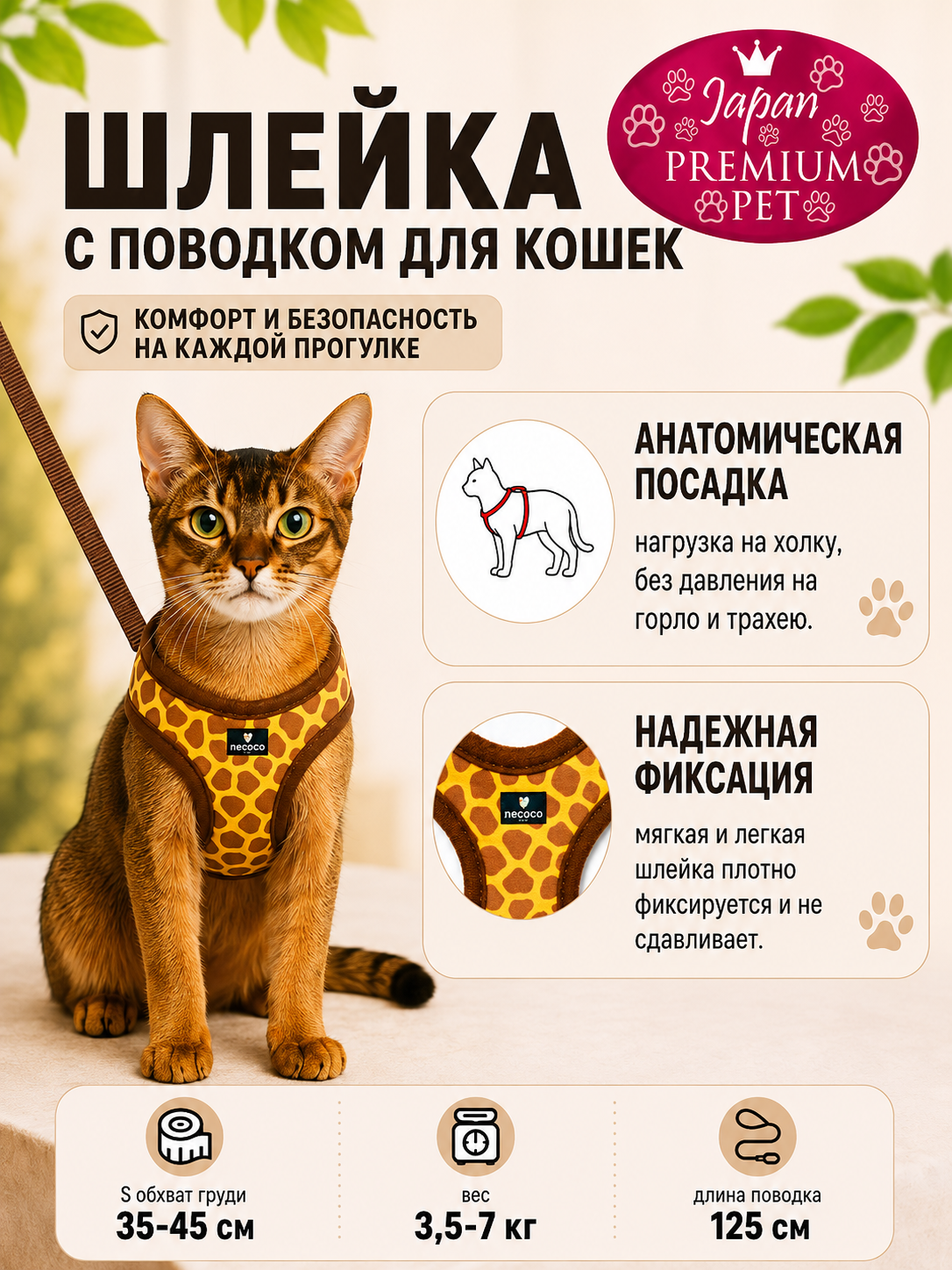 Шлейка с поводком комплект для кошек Japan Premium Pet принт жираф , размер S