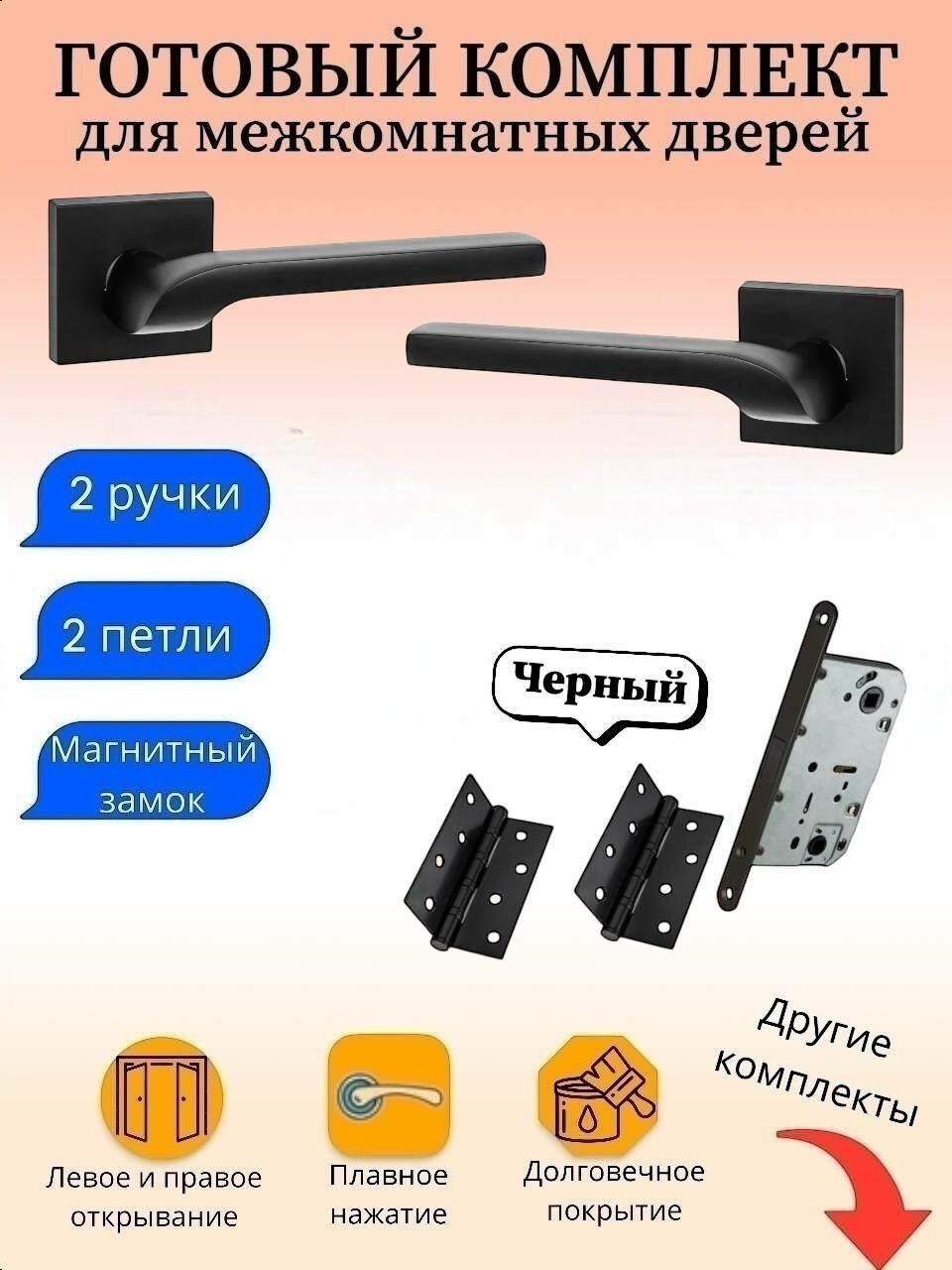 Ручка дверная межкомнатная Puerto INAL_535-03_B_MAG, черный (ручка + 2 универсальные петли + магнитный замок)