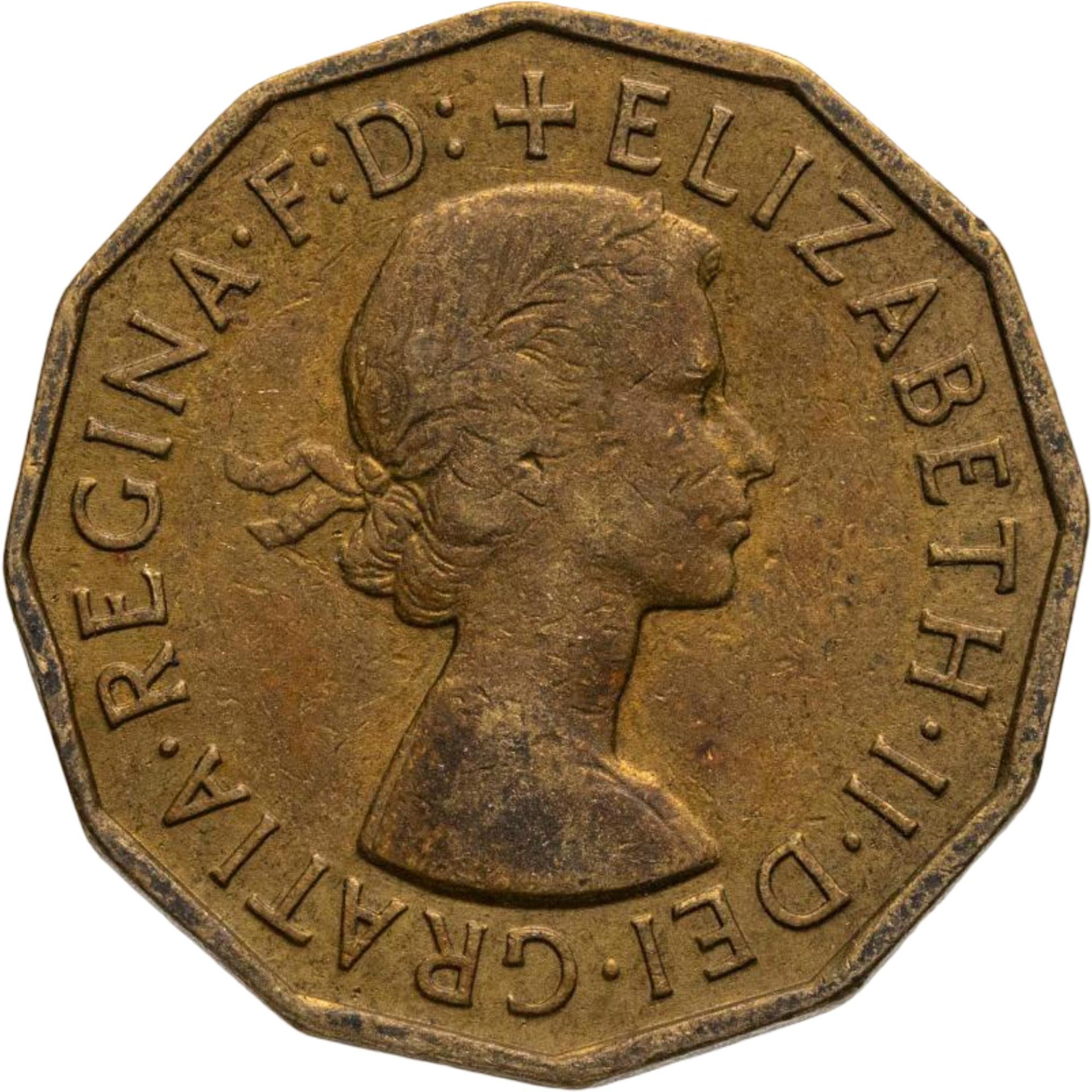 Великобритания 3 пенса pence 1956, Латунь, в сохранности XF