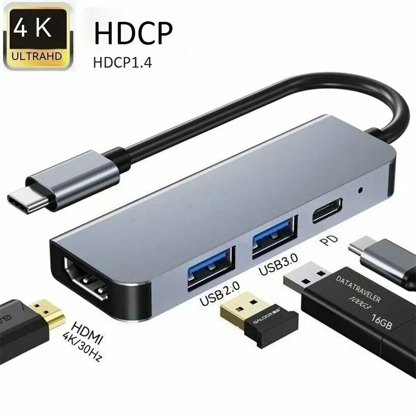 USB-C Hub адаптер 4 в 1 HDMI 4K PD зарядка 3xUSB 3.0 для MacBook Pro Type-C док-станцияUSB-C Hub адаптер 4 в 1 HDMI 4K PD зарядка 3xUSB 3.0 для MacBook Pro Type-C док-станция