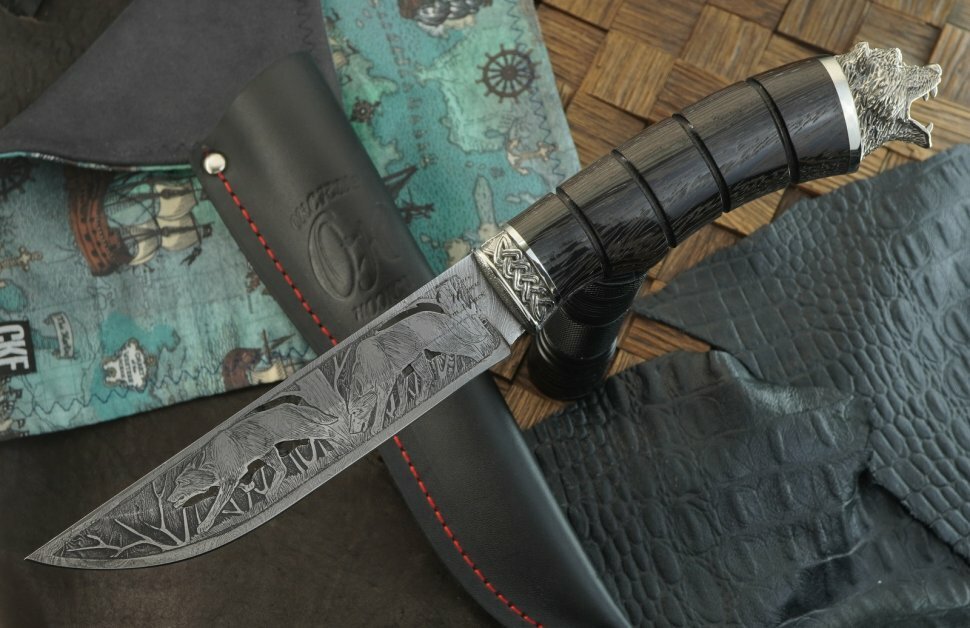 Окские Ножи нож Ласка, клинок дамаск, сквозная гравировка, рукоять стабилизированное дерево