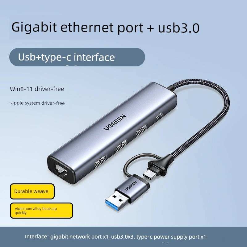 USB и Type-C гигабитный сетевой адаптер с тремя портами USB 3.0, алюминиевый корпус с плетеной кабелью для ПК и