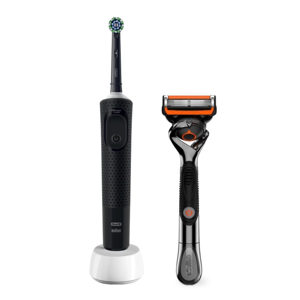 Подарочный набор электрическая зубная щетка Oral-B Vitality Pro черная, мужская бритва Gillette Fusion ProGlide Flexball