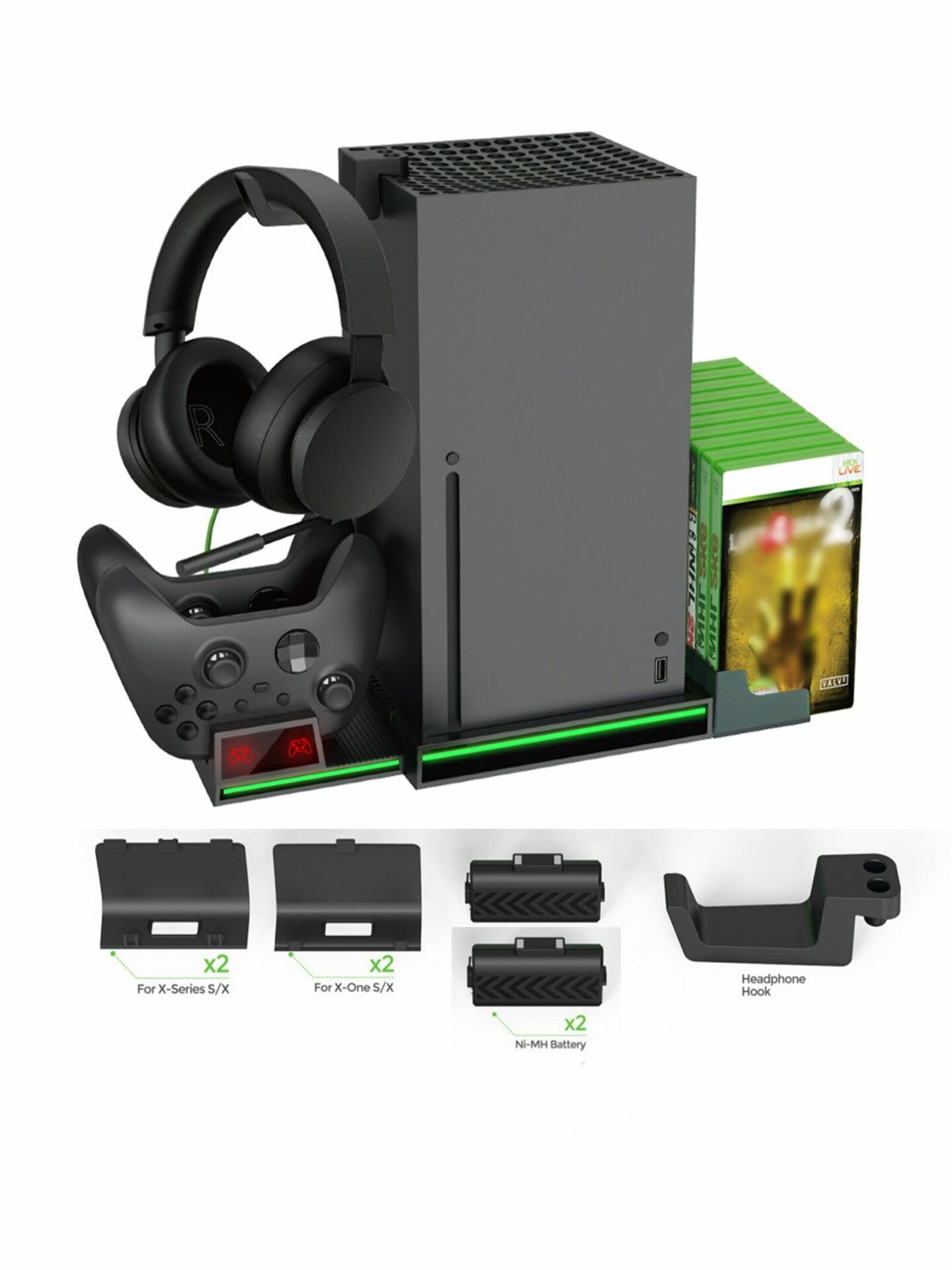 Подставка для Xbox Series X с зарядной станцией и аккумуляторами для геймпадов, крепление наушников, отсеками для дисков