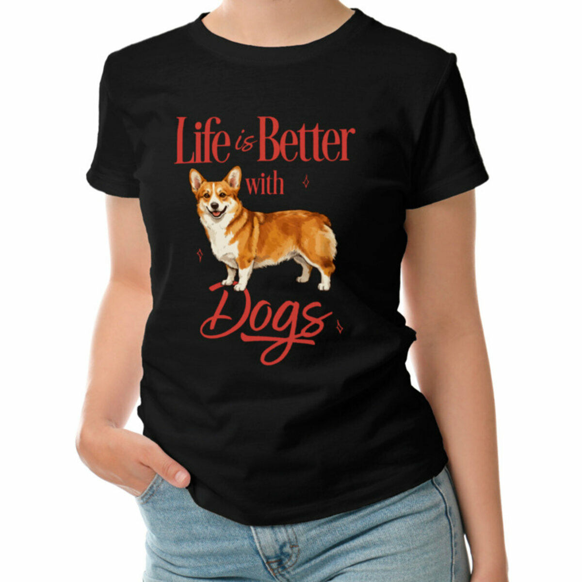 Женская футболка «жизнь лучше с собакой корги собачник заводчик корж» (черный, S)