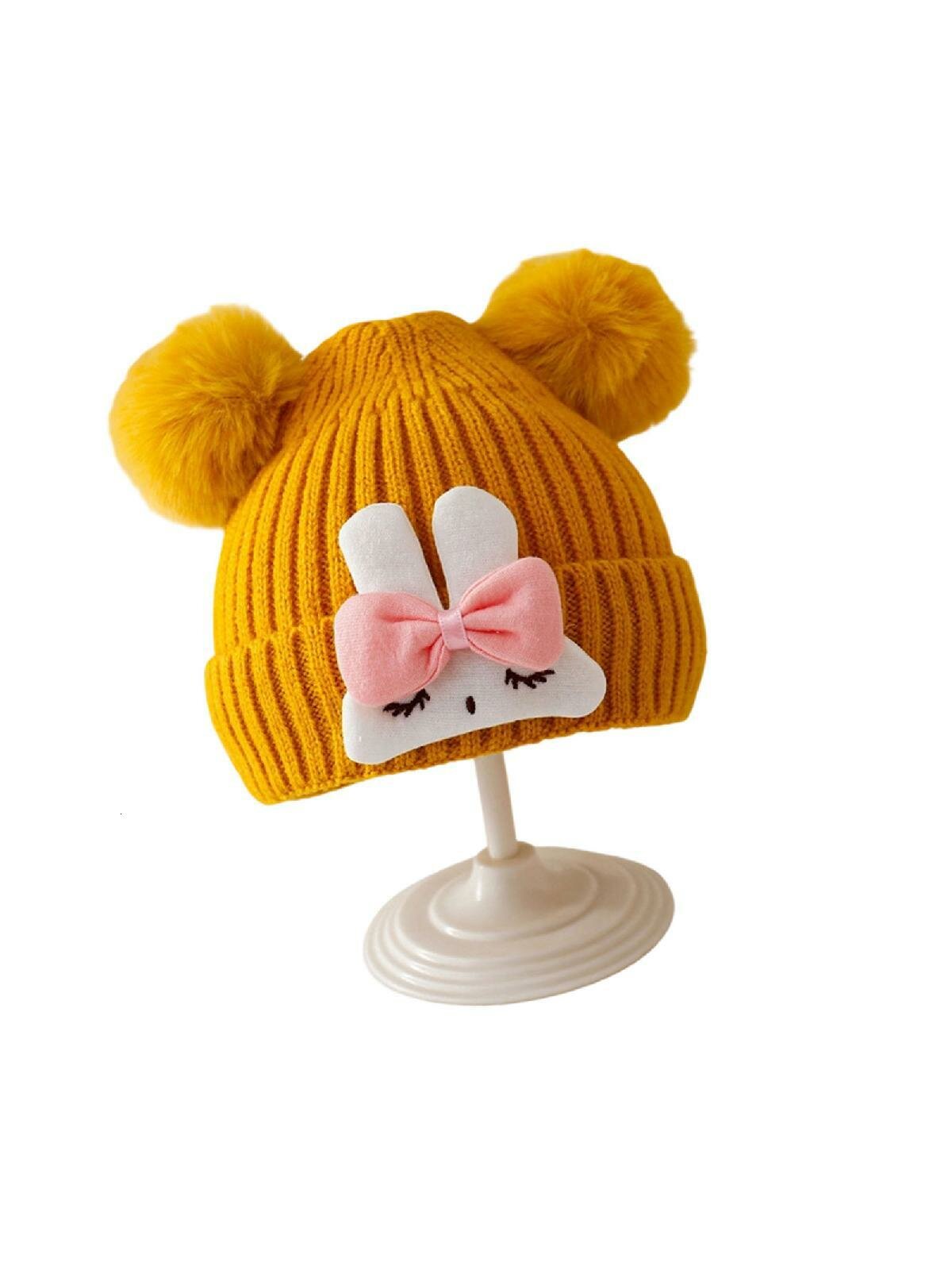 Детская шапочка-бини с помпоном и кроликом, Желтый