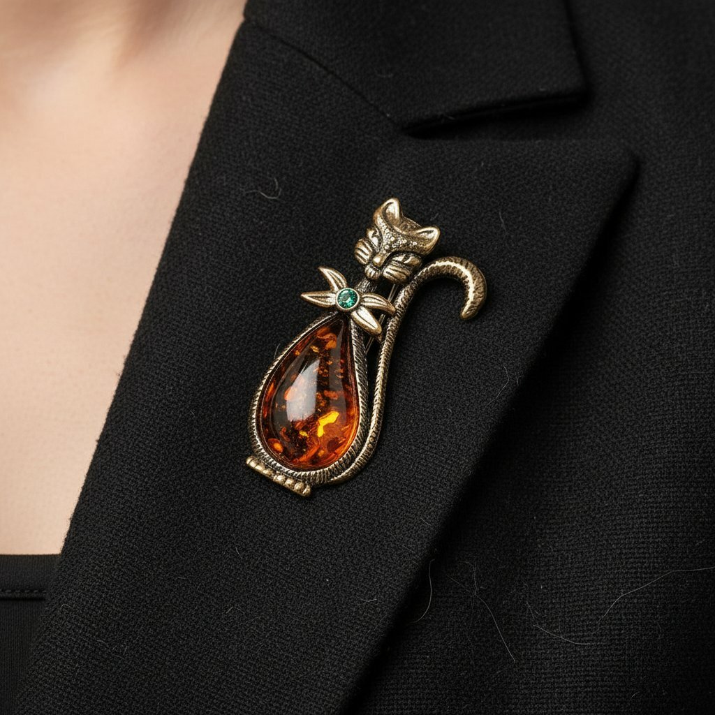 Брошь Народные промыслы, янтарь