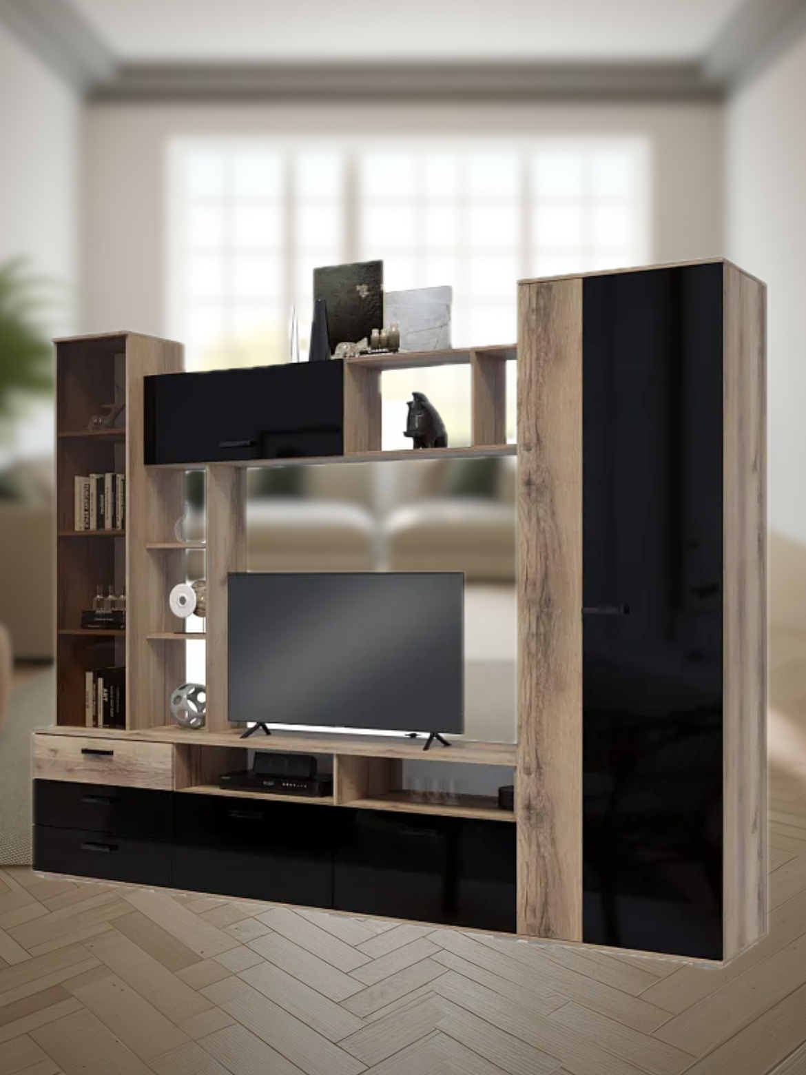 Модульная гостиная центральная секция стенка, шкаф со штангой, Крокус, 270х210х47 см, ЛДСП, Дуб делано / Черный глянец