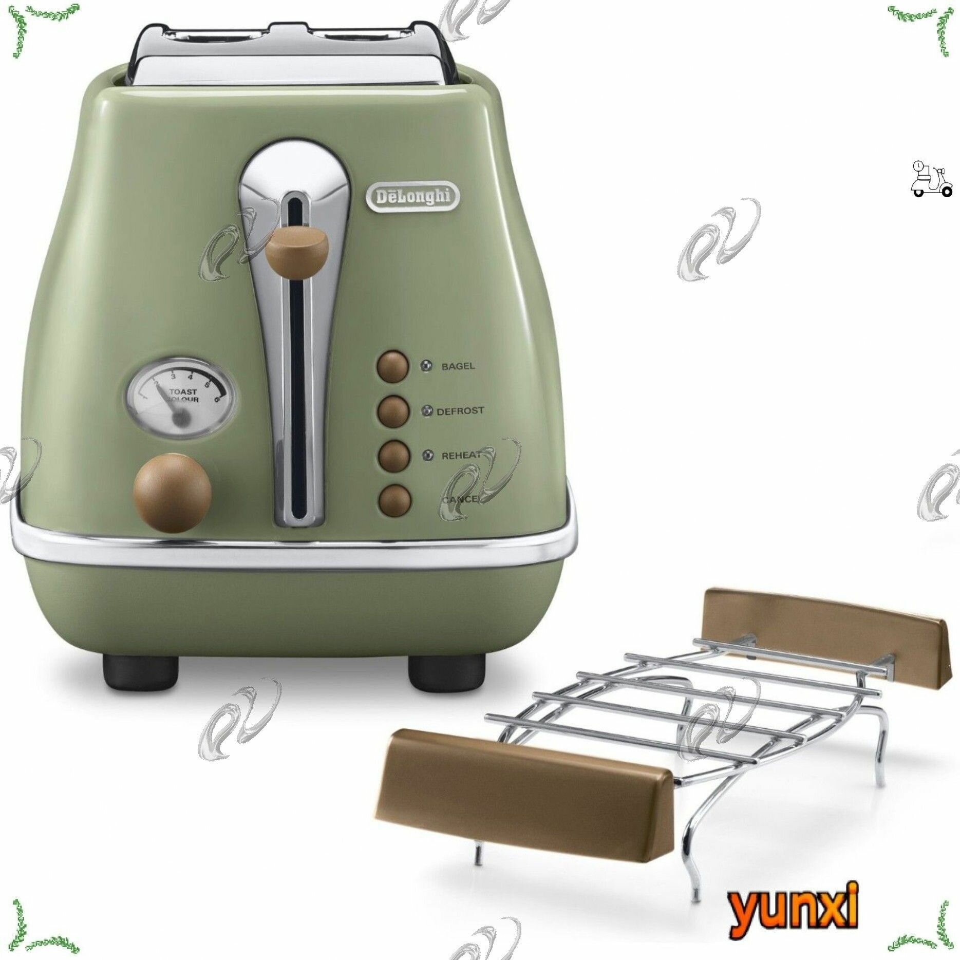 Эксклюзивный тостер DeLonghi Icona Vintage CTOV2103 GR в зеленом цвете, мощностью 900 Вт, оснащенный подогревающей решеткой, съемным поддоном и шестью режимами нагрева