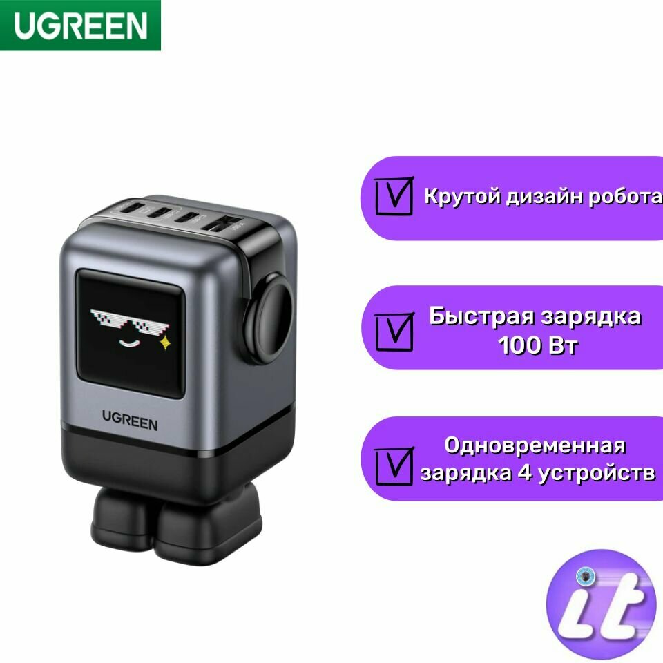 Зарядное устройство UGREEN Display Robot 100W GaN с поддержкой быстрой зарядки PD и отображением уровня заряда в реальном времени.