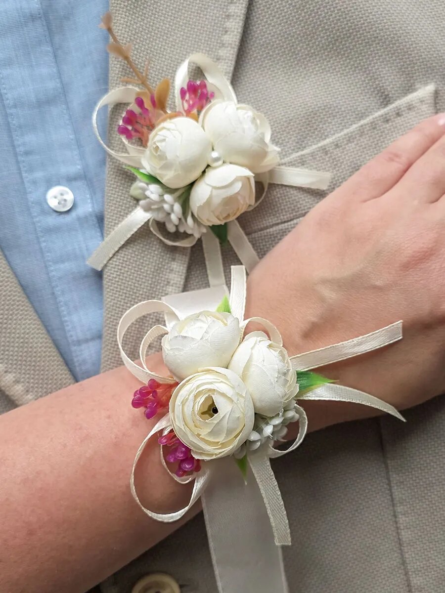 Набор: бутоньерка и браслет для жениха и невесты на руку и пиджак, комплект для свидетелей и гостей на свадьбу¶
