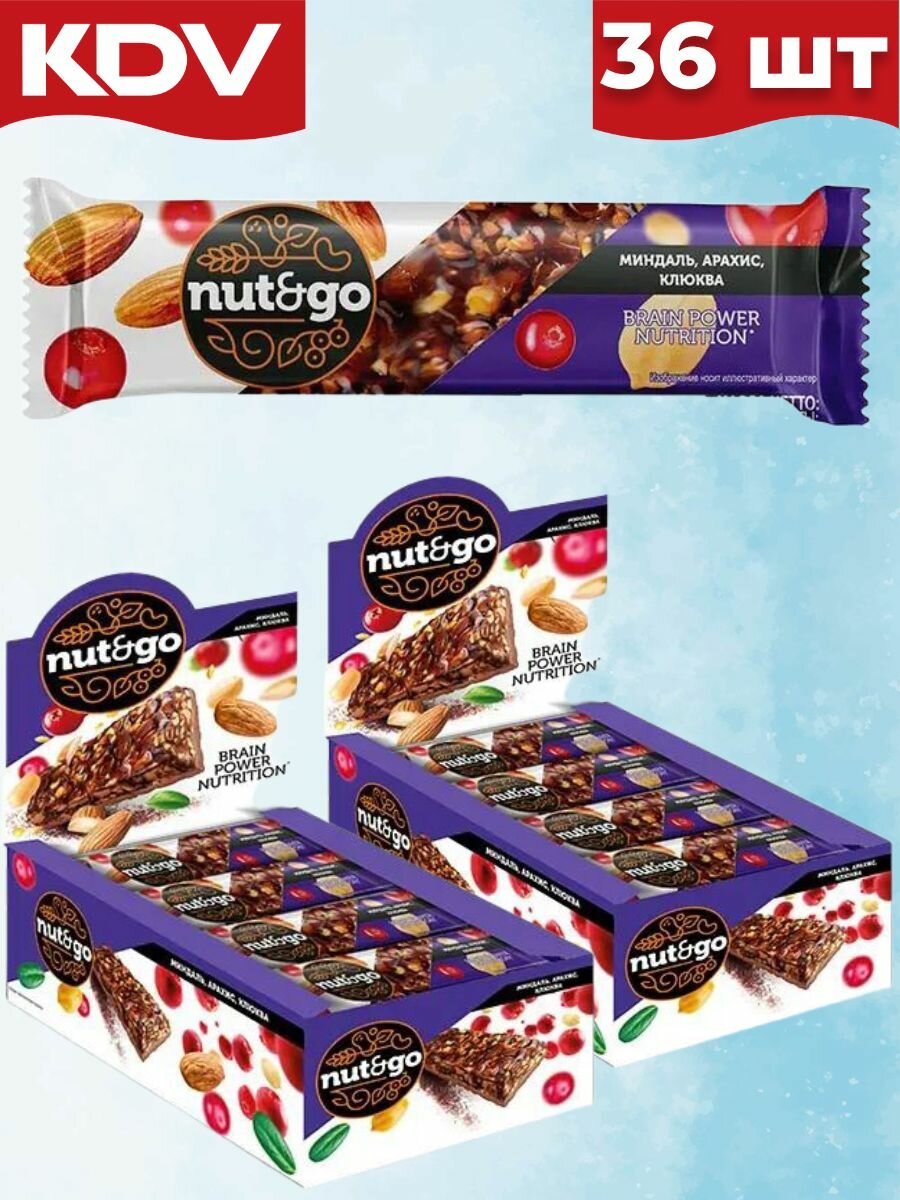 Батончик Nut&Go Миндаль, Арахис, Клюква, ореховый батончик 36 штук по 36 гр