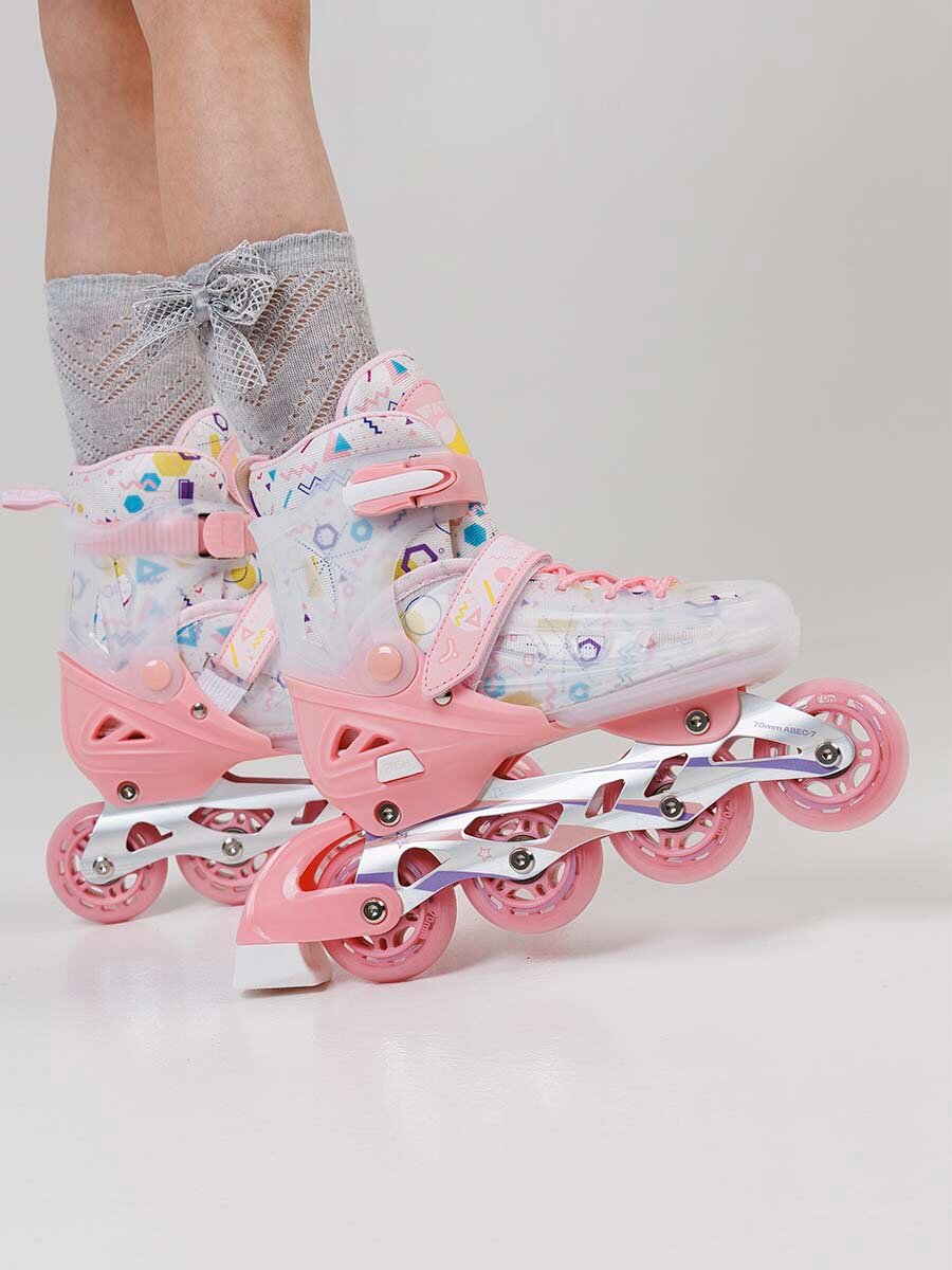 Роликовые коньки YOKI FATE, раздвижные, 4 колеса, ABEC 7, жесткость 82A, белые/персиковый