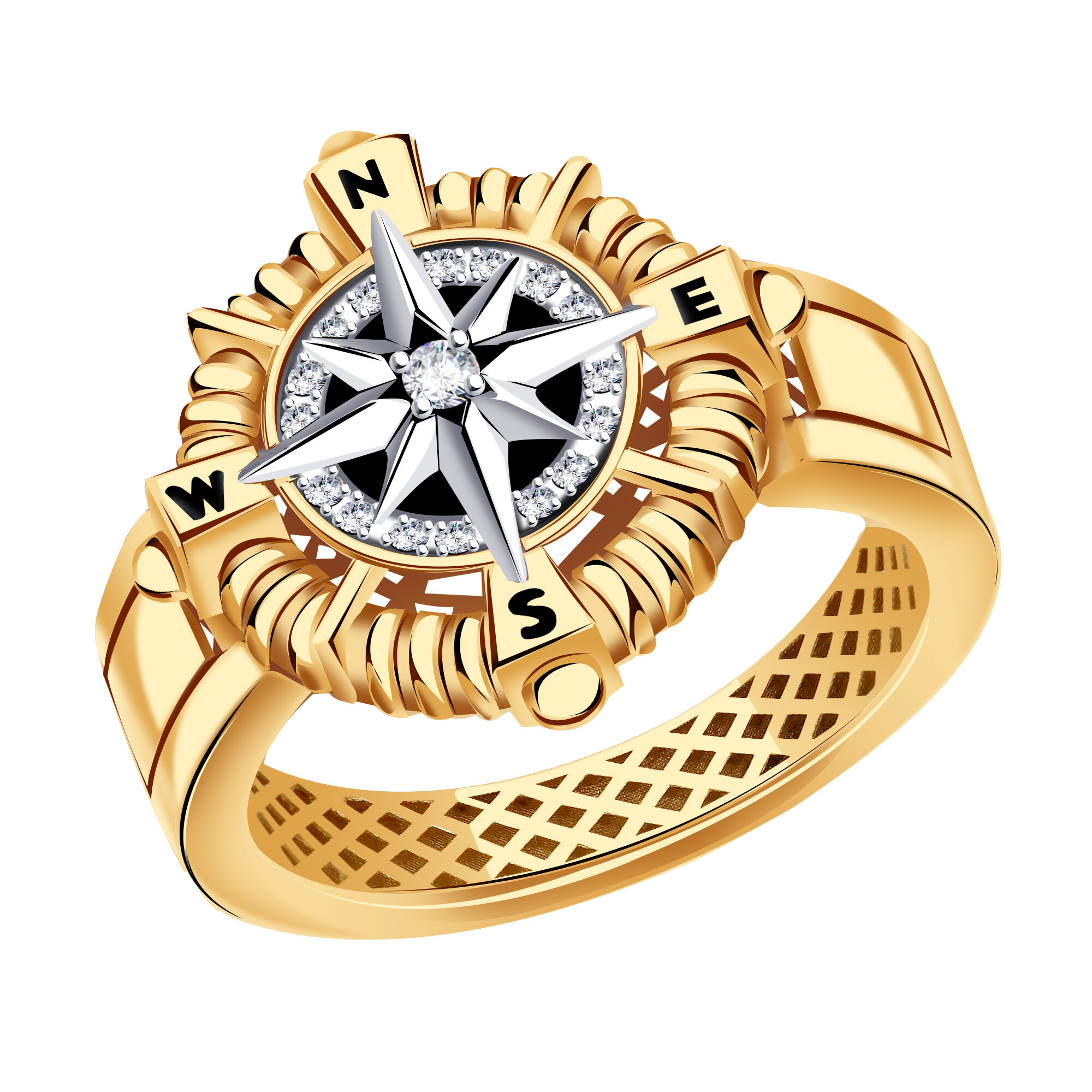 Кольцо, красное золото, 585 проба, фианит, эмаль, оникс