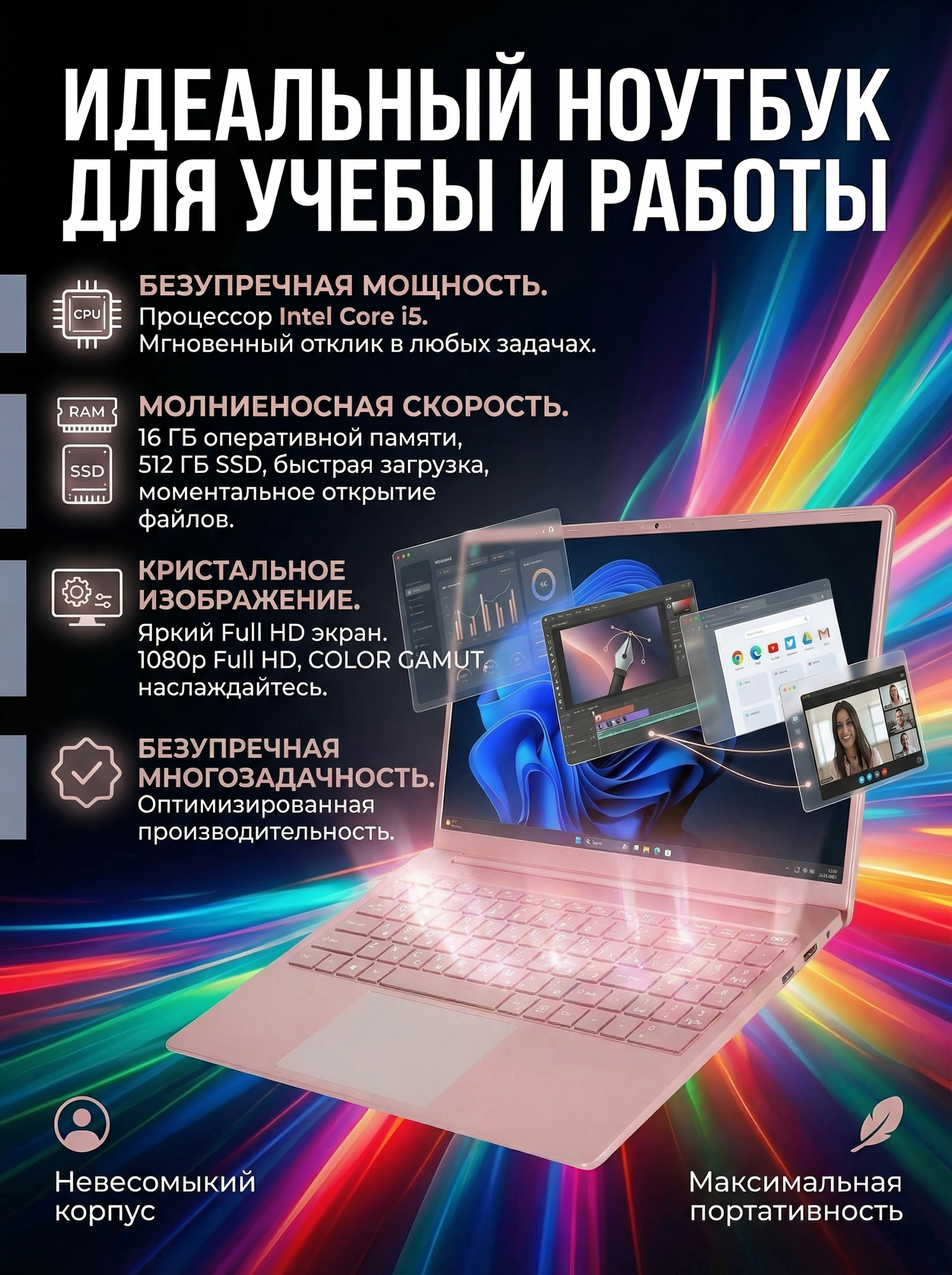 Intel Core i5 - 15,6-дюймовый ноутбук с SSD 512GB, Intel UHD, Windows PRO, 16GB RAM Глубокий розовый