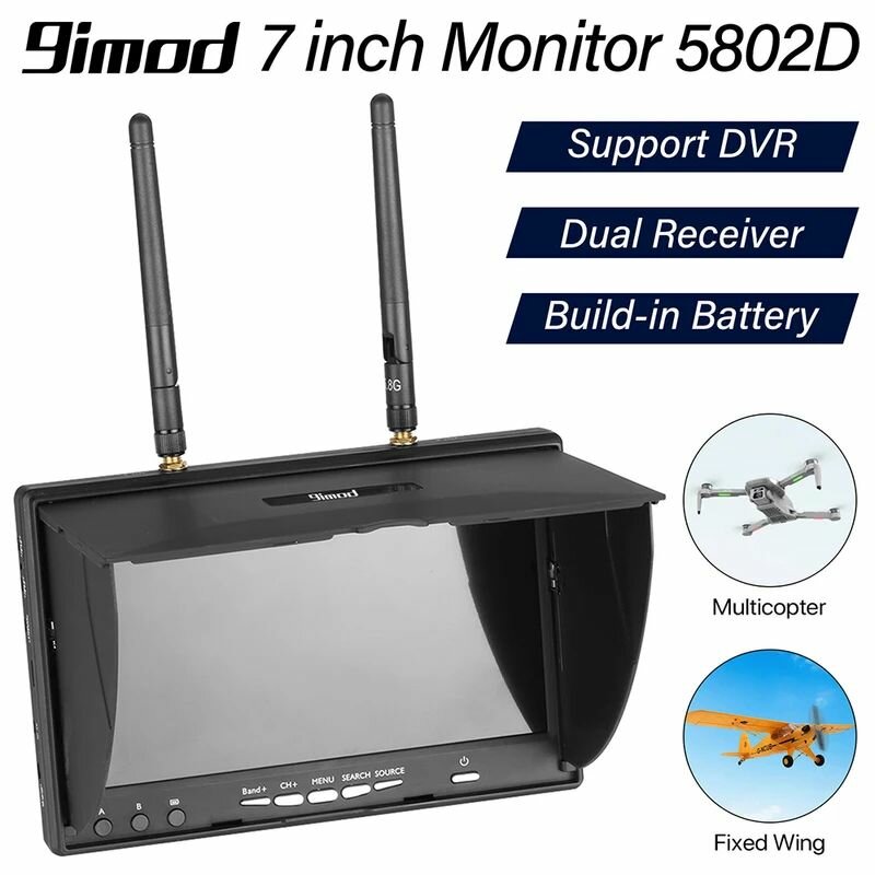 Монитор 9IMOD LCD5802D 7 дюймов с DVR записью Приемник 5.8 ГГц 40 каналов Разрешение экрана 800x480 Для видеонаблюдения за RC моделями
