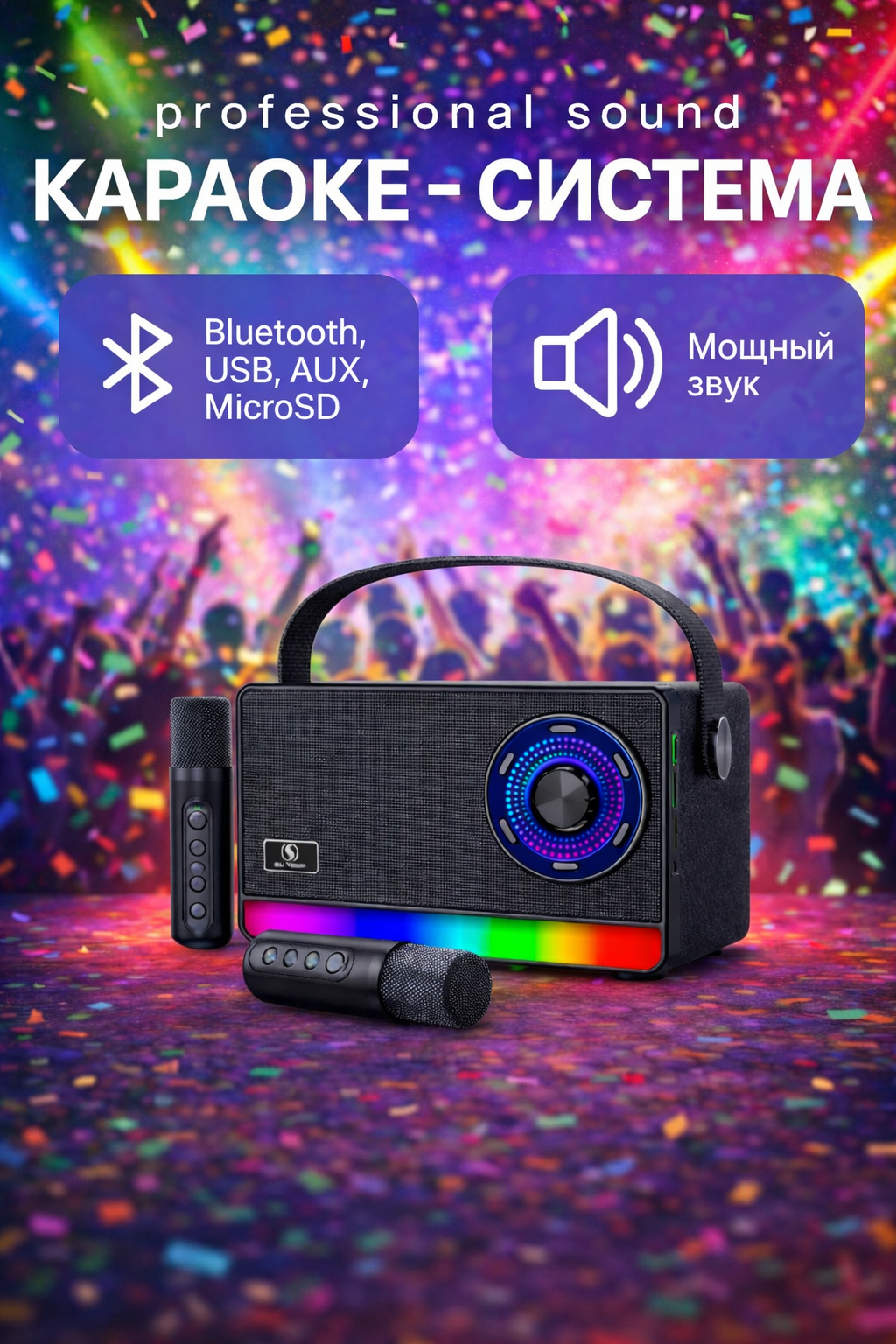 Караоке система с двумя микрофонами SU-YOSD YS-313 Bluetooth черная