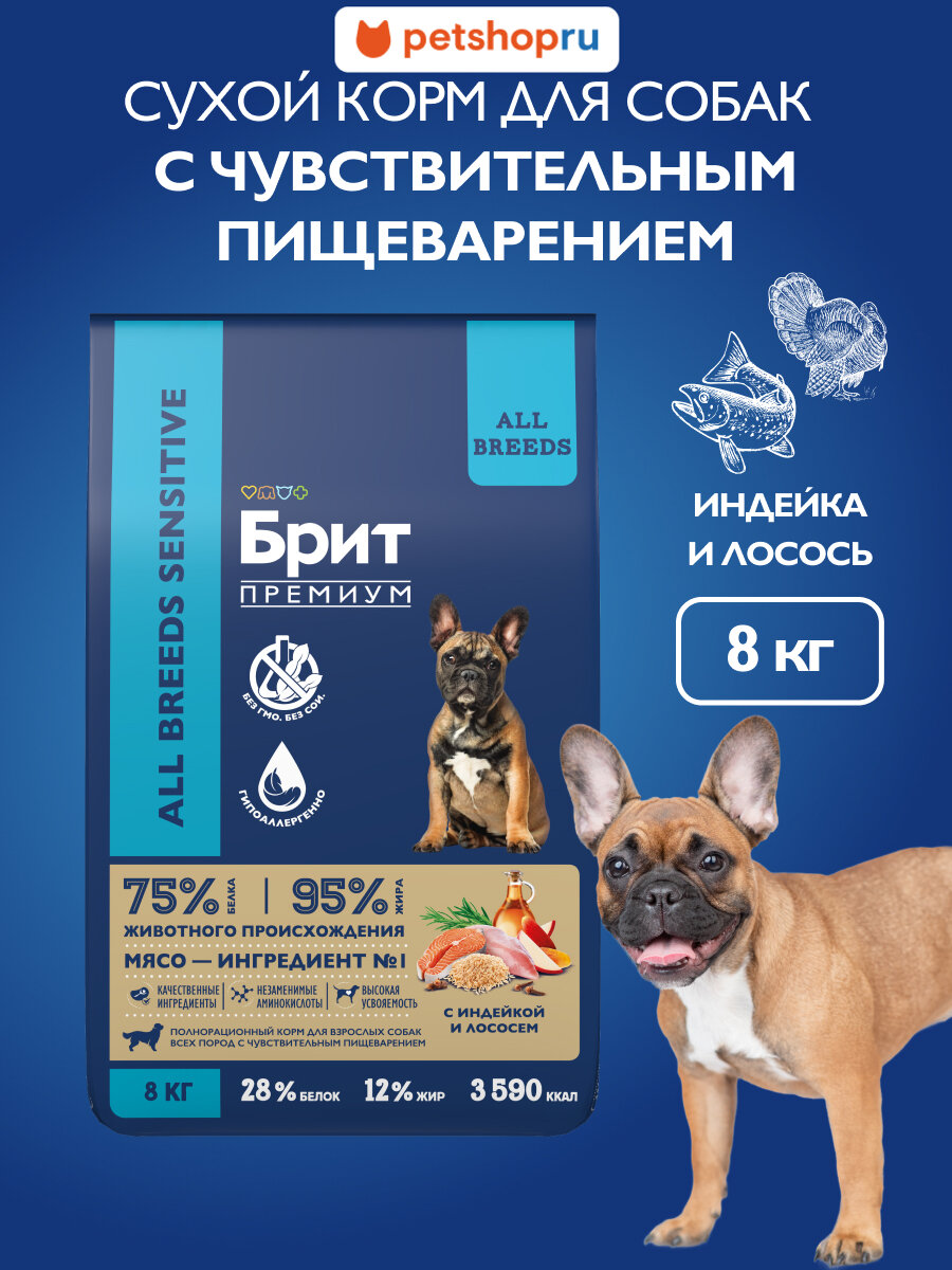 Brit Сухой корм с лососем и индейкой для взрослых собак всех пород с чувствительным пищеварением, 8 кг.