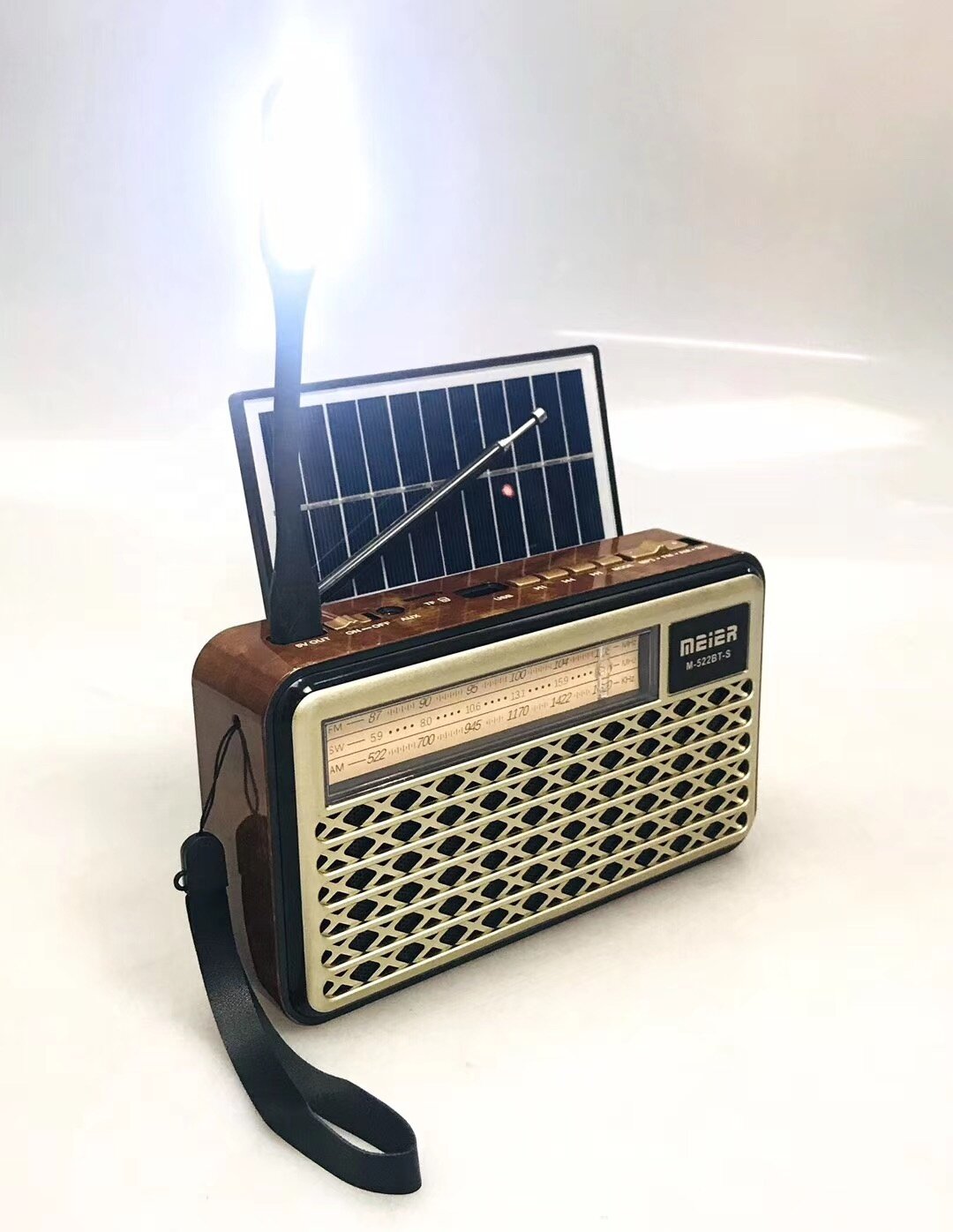 Радиоприёмник Meier M-522 BTS фонарик для чтения, солнечная зарядка, USB, MP3, Bluetooth, AM/FM/SW