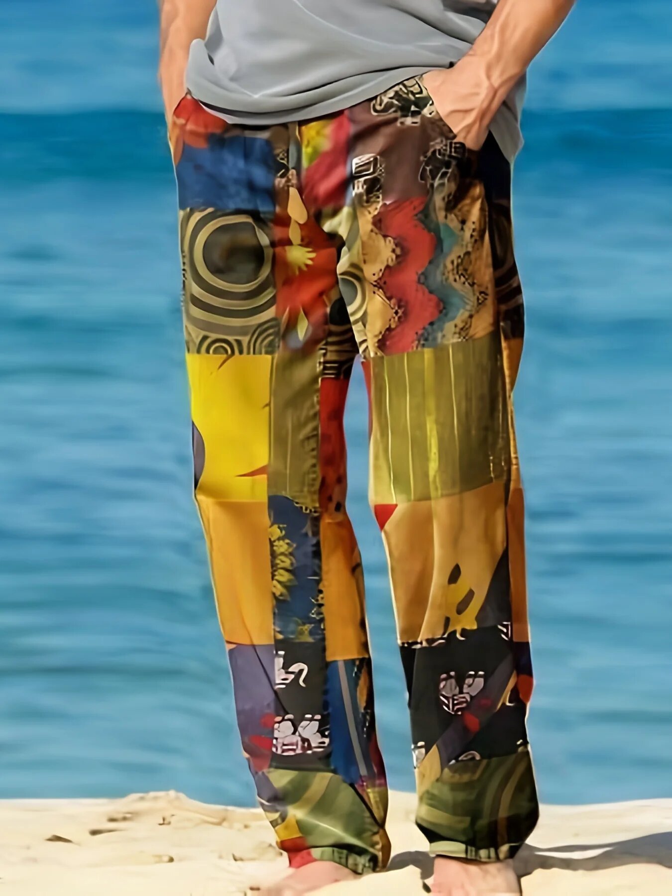 Новые мужские эластичные льняные брюки в богемном стиле с этническим принтом, М, SJCZXH2025171BH