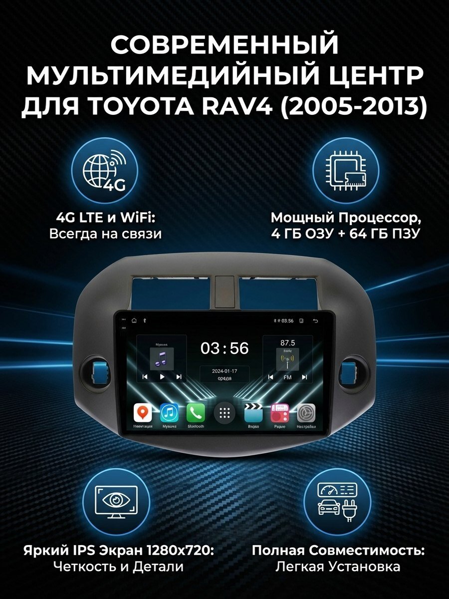 Магнитола Тойота РАВ 4 XA30 (Toyota RAV4 3 XA30) 2005-2013 на Android 14 (4GB/64GB/WiFi/GPS/BT/IPS)