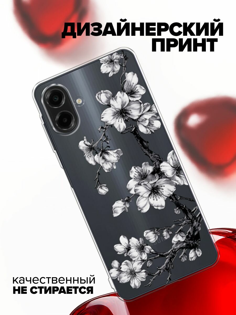 Силиконовый чехол на Samsung Galaxy A07 / Самсунг А07 с принтом Ветка сакуры серая — фото 1