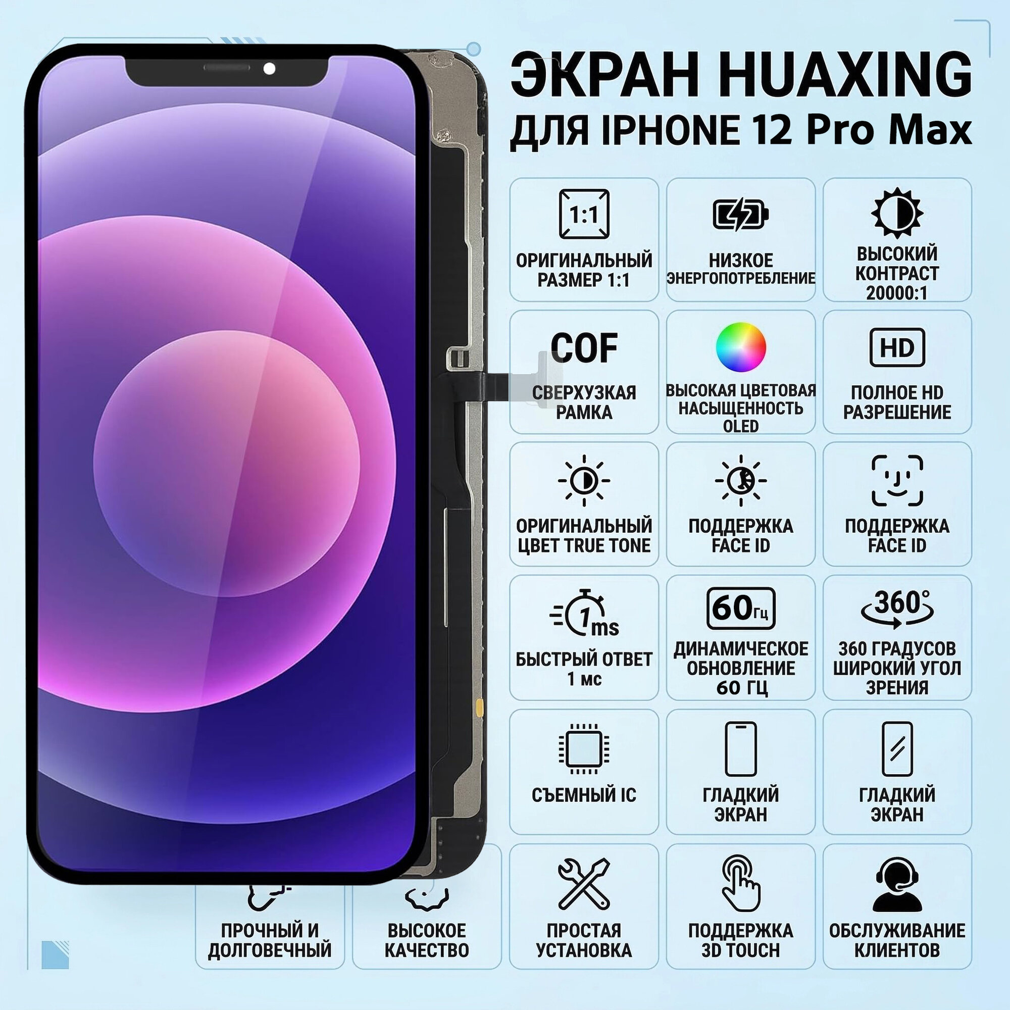 Гибкий OLED-экран-замена для iPhone 12 Pro max: 60 Гц, рамки 0.9 мм, высший китайский класс
