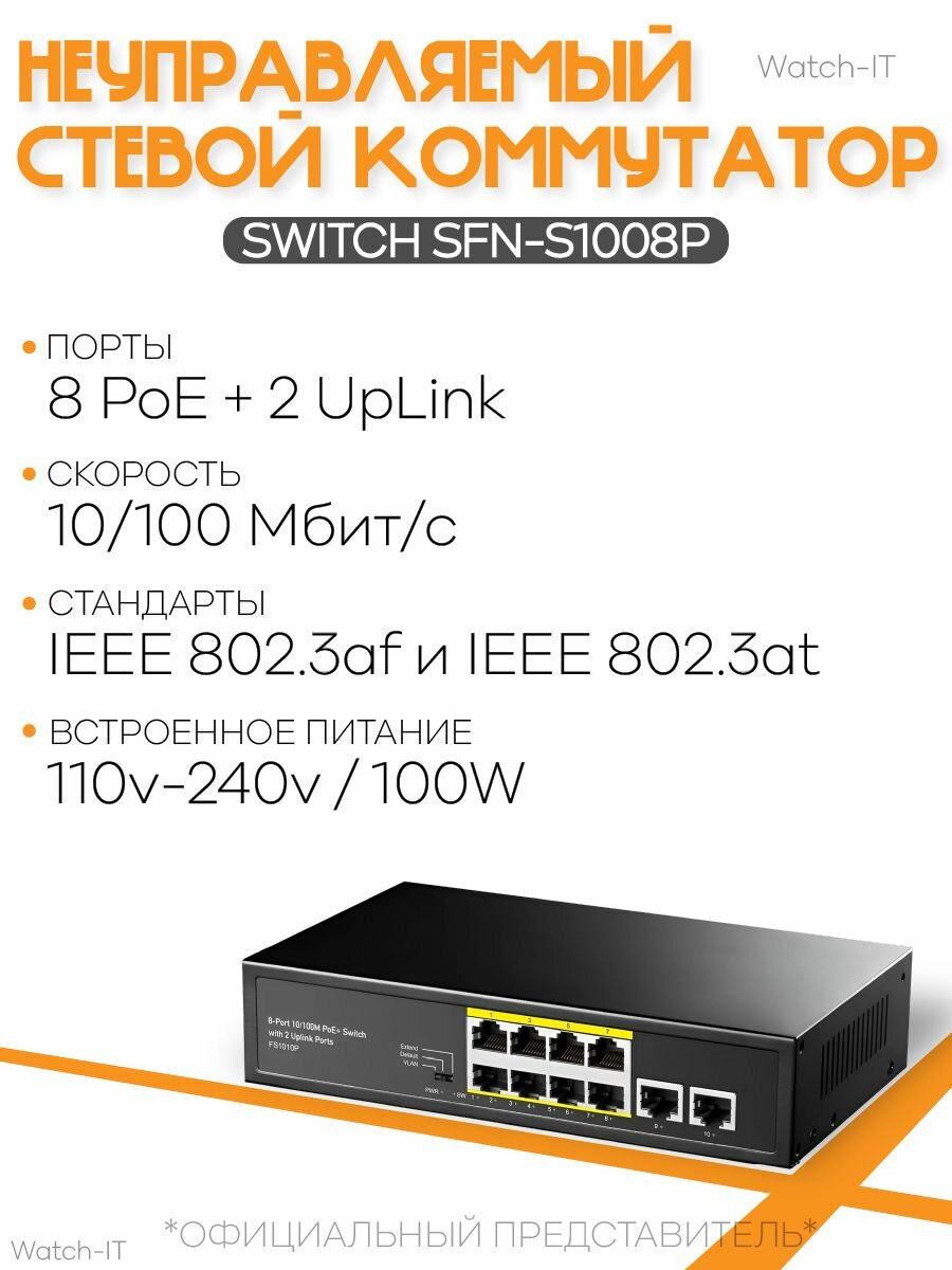 Коммутатор (свитч). 8 POE (802.3 af/at) порта, +2 ETH порта. 10/100 Мбит/с SFN-S1008P-A