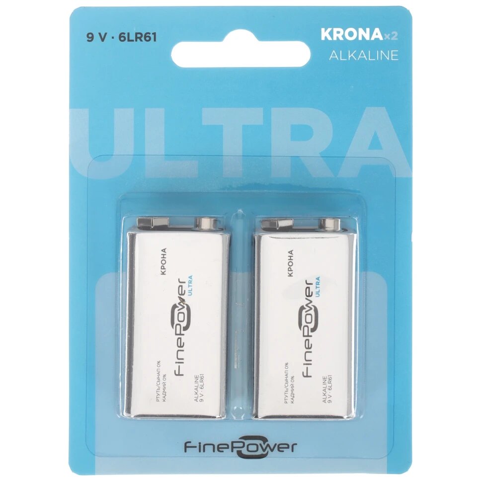 Батарейка FinePower Ultra крона (6LR61/6F22/CR-9V), щелочная (LR), 2 шт, блистер