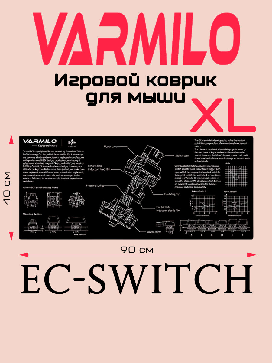 Коврик для мыши Varmilo "EC Switch Deskmat", 90х40 см, черный/серый, прошитые края, игровой, XL