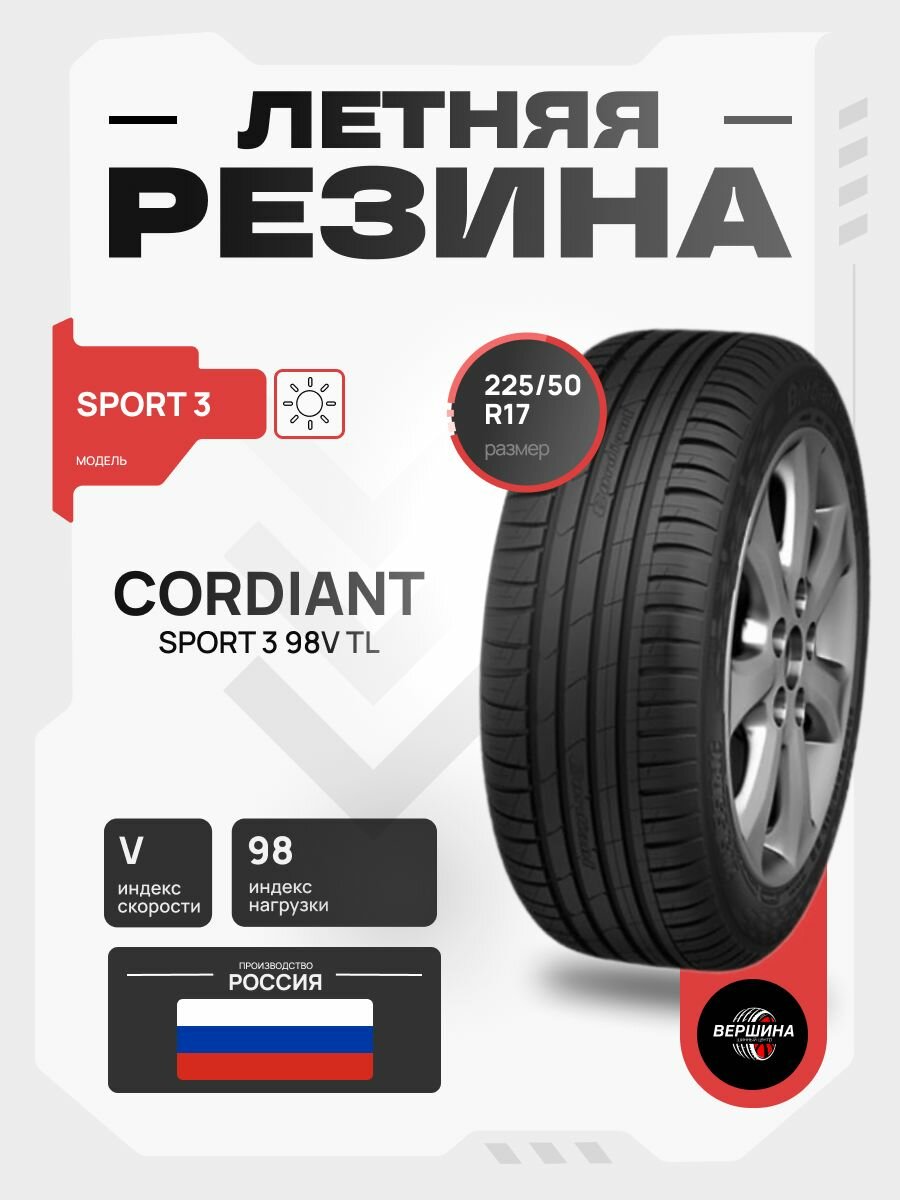 225/50 R17 Cordiant Sport 3 98V TL (летние шины)